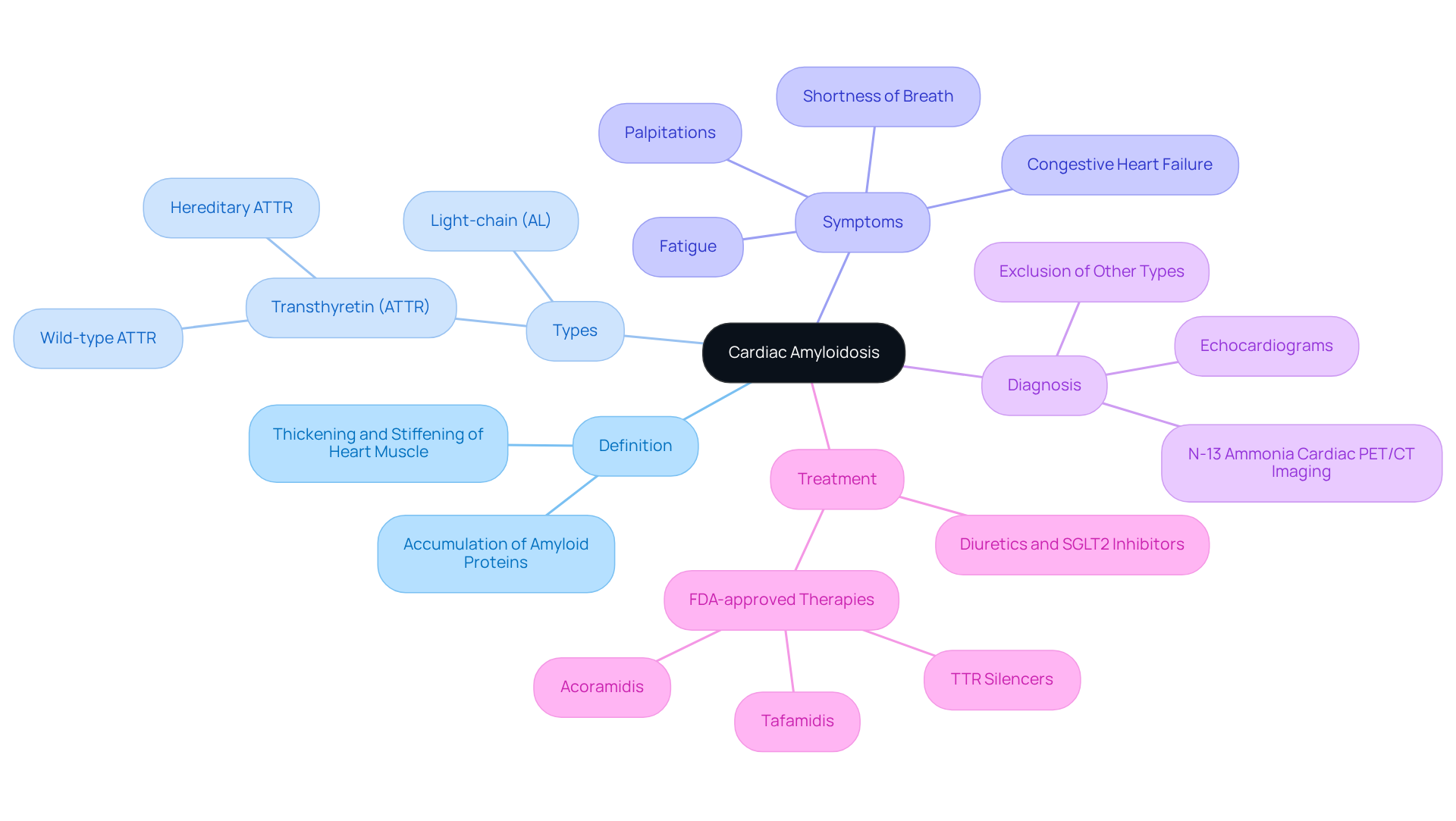 The central node represents the main condition, while the branches show different aspects of cardiac amyloidosis. Each color-coded branch helps you navigate through the definition, types, symptoms, diagnostic methods, and treatment options.