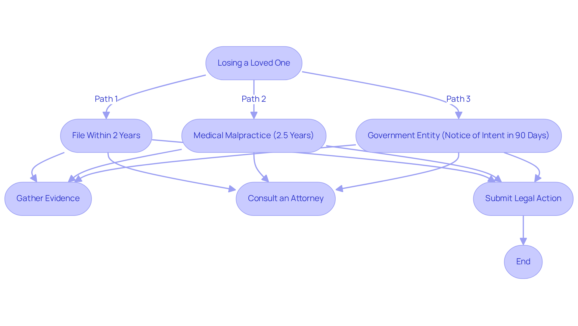 This flowchart guides you through the necessary steps and deadlines after losing a loved one. Follow the arrows to understand what actions to take and when, ensuring you don't miss critical opportunities for justice.