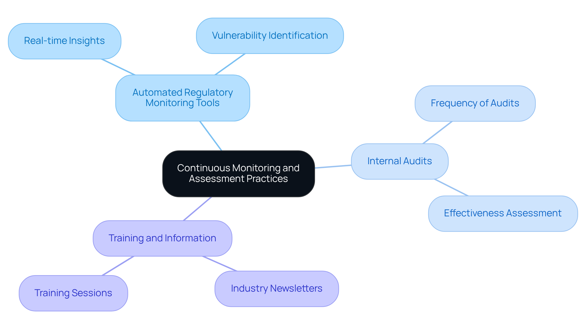 The central node represents the main focus on monitoring and assessment. Each branch shows a key practice, with further details on how they contribute to effective compliance and risk management.