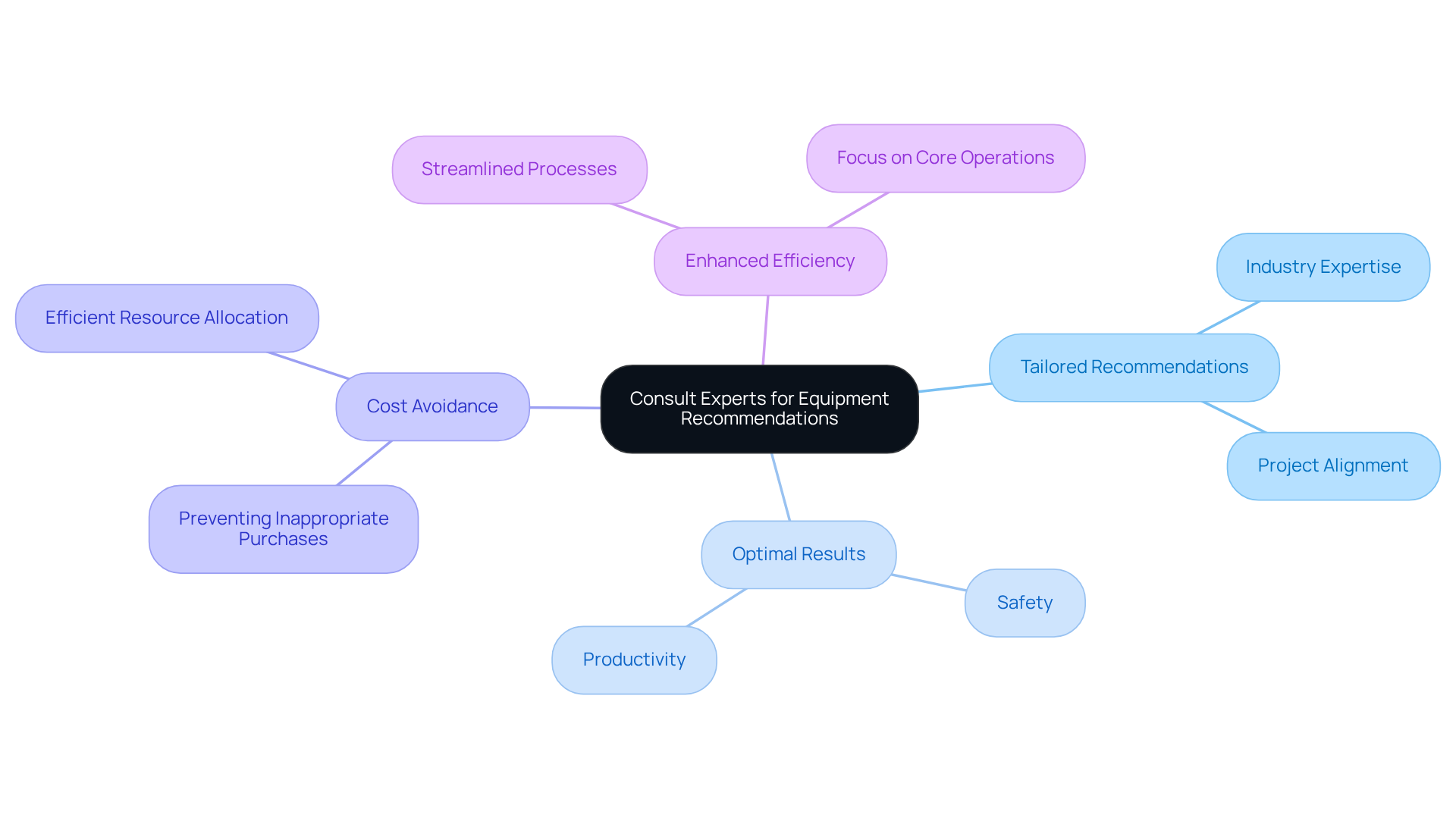 Start at the center with the main idea of consulting experts, then follow the branches to see how this leads to tailored recommendations, safety, and improved productivity.