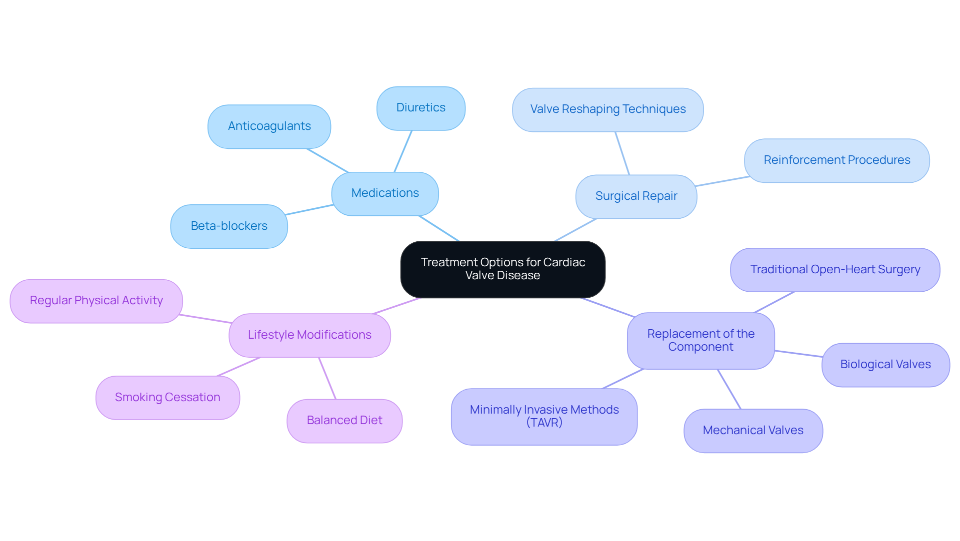 This mindmap starts with the main topic in the center and branches out to show different treatment options. Each branch represents a category of treatment, and the sub-branches provide more details about what each option entails. It's a great way to visualize your choices and understand how they relate to your heart health.
