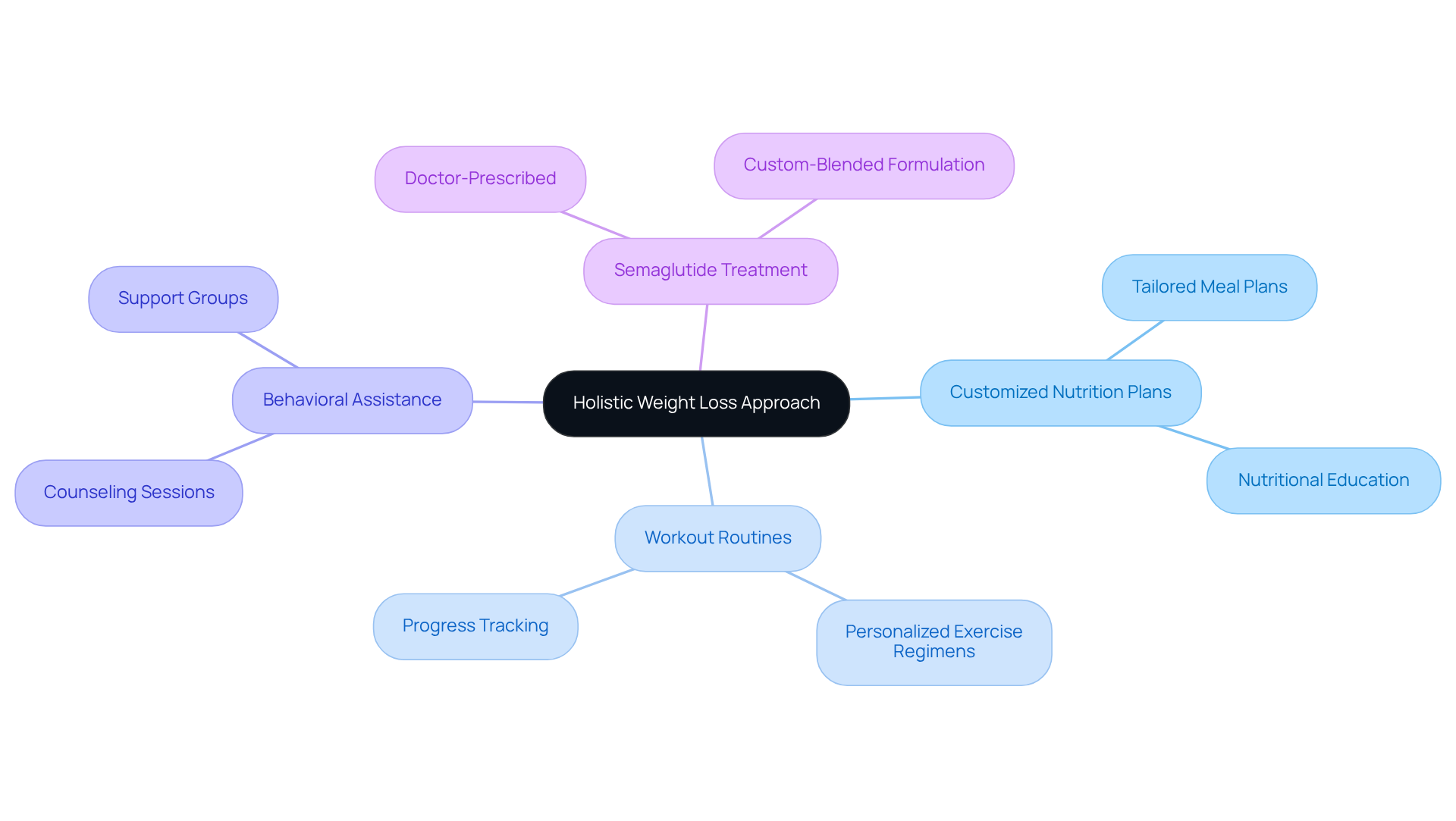 The center represents the overall weight loss strategy, while the branches show the different methods used to support your journey. Each color-coded branch highlights a specific area of focus, helping you see how they all work together.