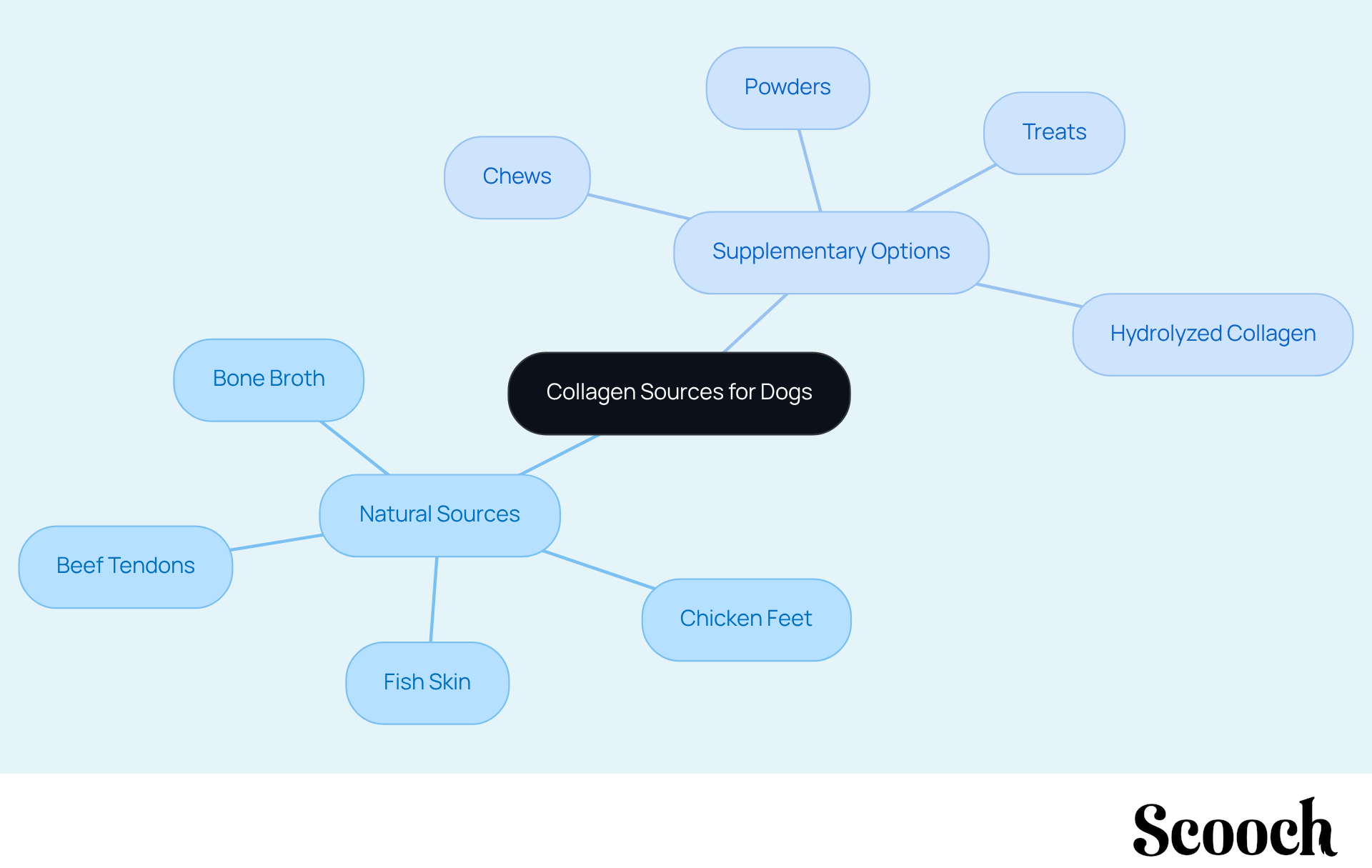 The center shows the main topic, while branches lead to different sources of collagen. Each color represents a category: natural sources or supplements. Follow the branches to explore what options are available for your dog's joint health.
