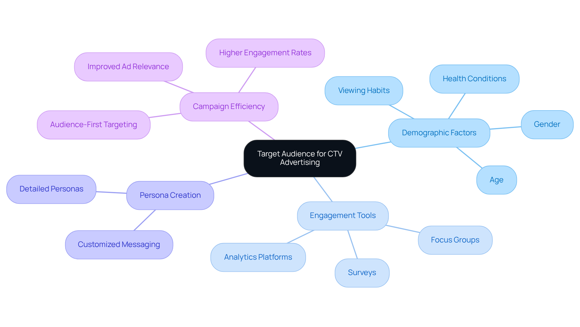 The central node represents the main focus of audience targeting, while the branches show different aspects that marketers should consider. Each color-coded branch helps you quickly identify key areas of focus.