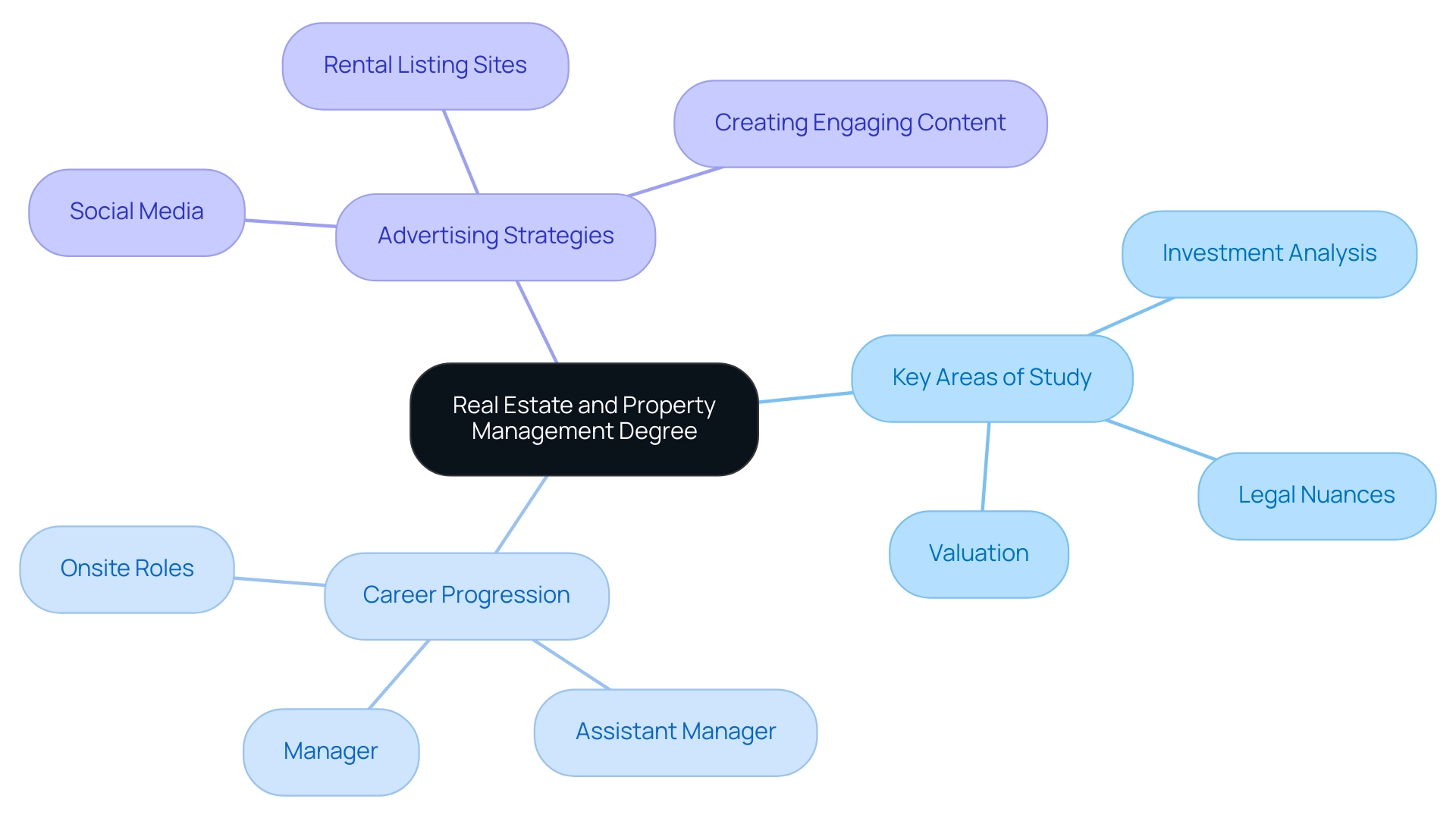 The central node represents the degree overview, with branches showing key study areas, career paths, and advertising methods.