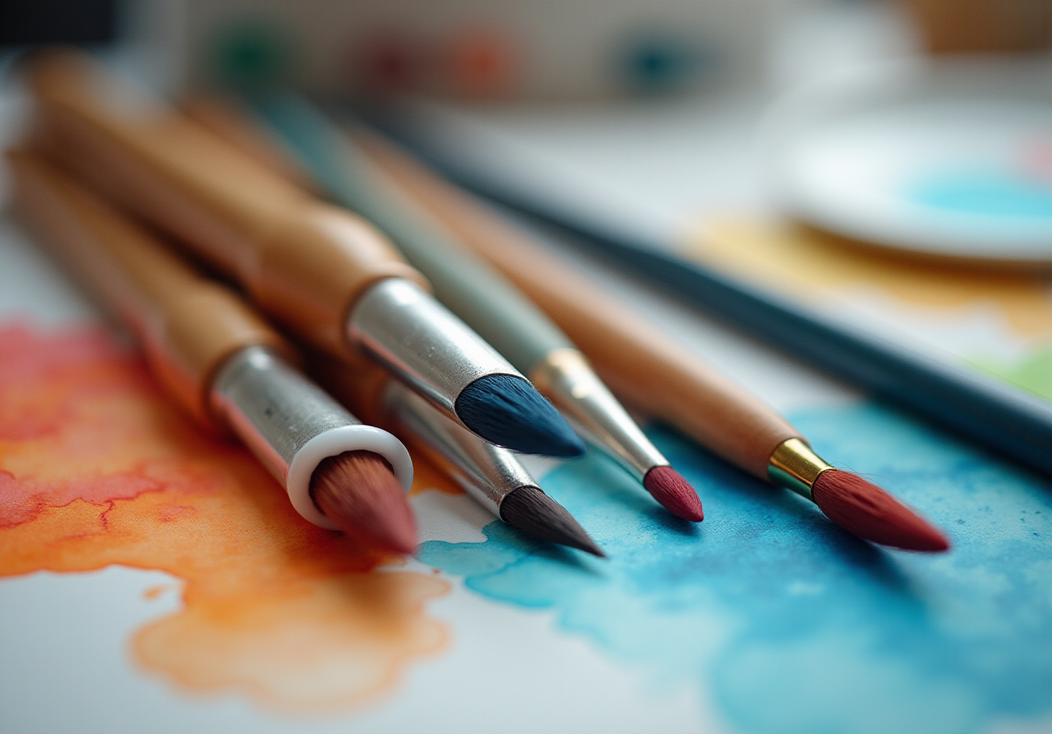Variety of Watercolor Brushes in an Artist's Workspace Variety of Watercolor Brushes in an Artist's Workspace