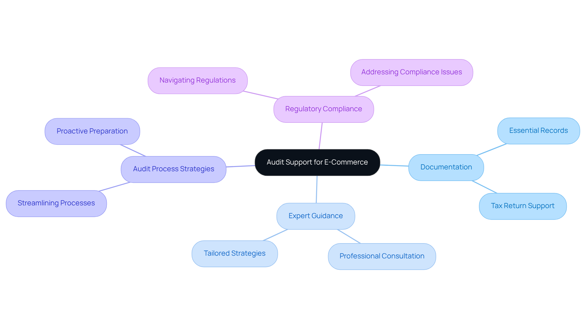 The central node represents the overall theme of audit support, while the branches show different aspects of the support services. Each sub-branch provides more detail on how businesses can prepare for tax audits effectively.