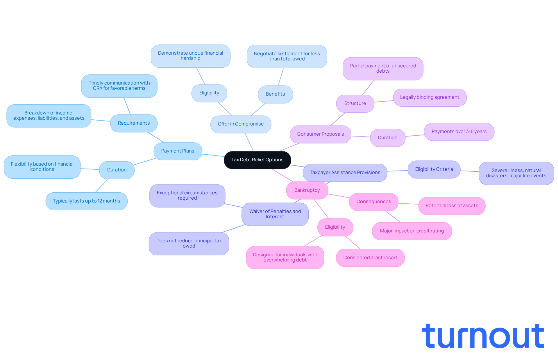 The central node represents the main topic of tax debt relief. Each branch shows a different option available to taxpayers, with further details provided in the sub-branches. This layout helps you see all your options at a glance and understand how they relate to each other.