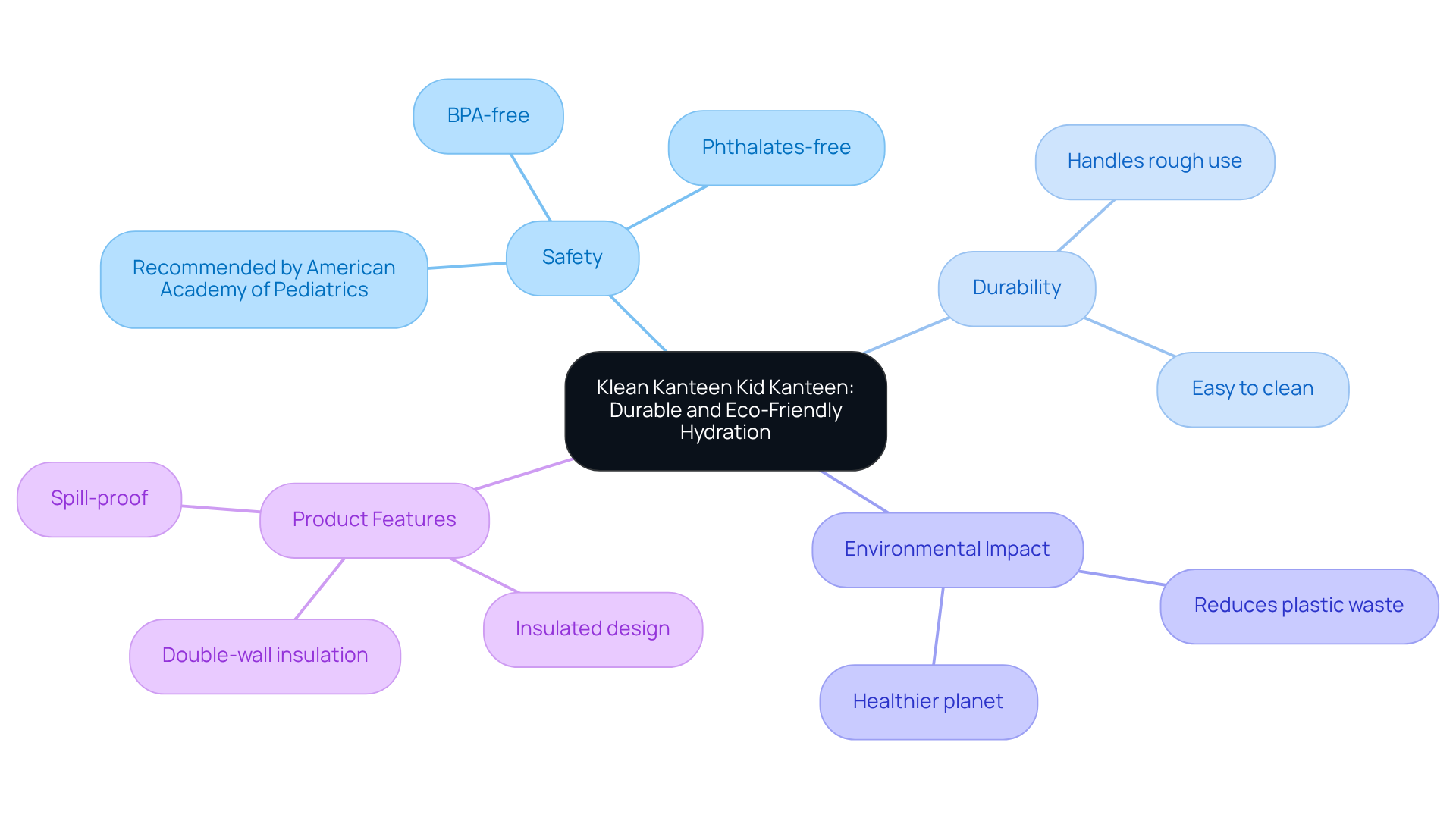 This mindmap shows how Klean Kanteen products prioritize safety, durability, and environmental benefits. Each branch represents a key area of focus, helping you understand why these products are a great choice for your child's hydration needs.
