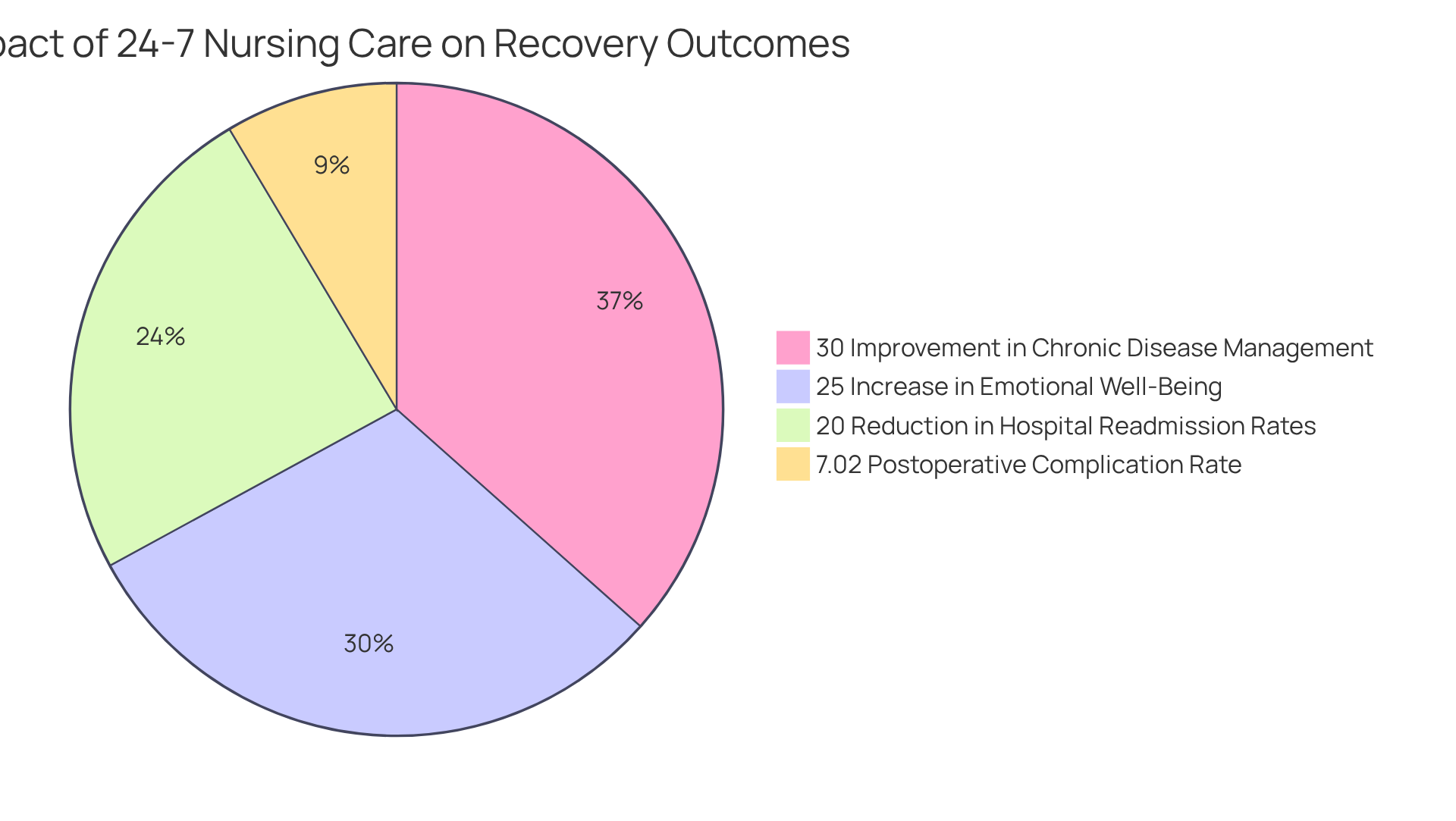 This pie chart shows how various aspects of recovery are improved with 24/7 nursing care. Each slice represents a different benefit — the larger the slice, the greater the impact on recovery.