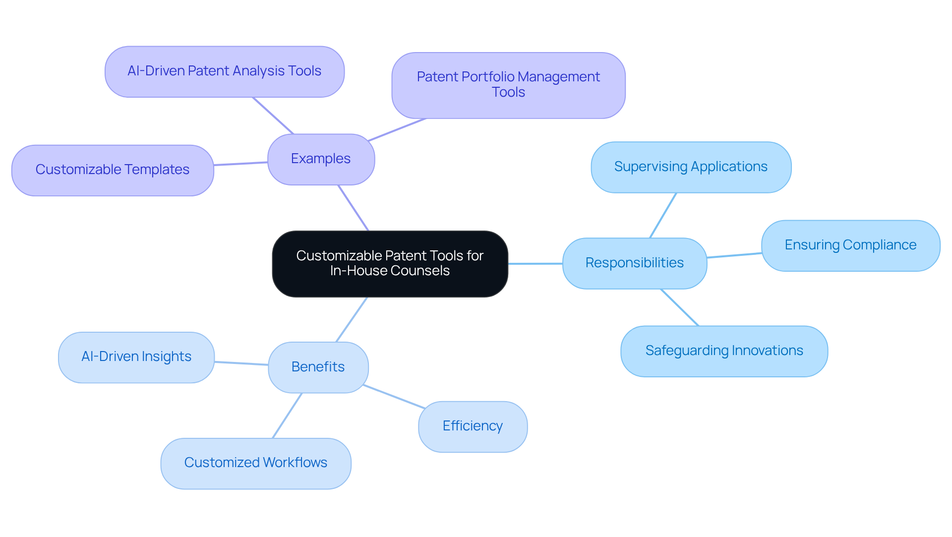 The central node represents the main topic, while branches show the various responsibilities and benefits of customizable patent tools. Each color-coded branch helps you quickly identify different aspects of the topic.