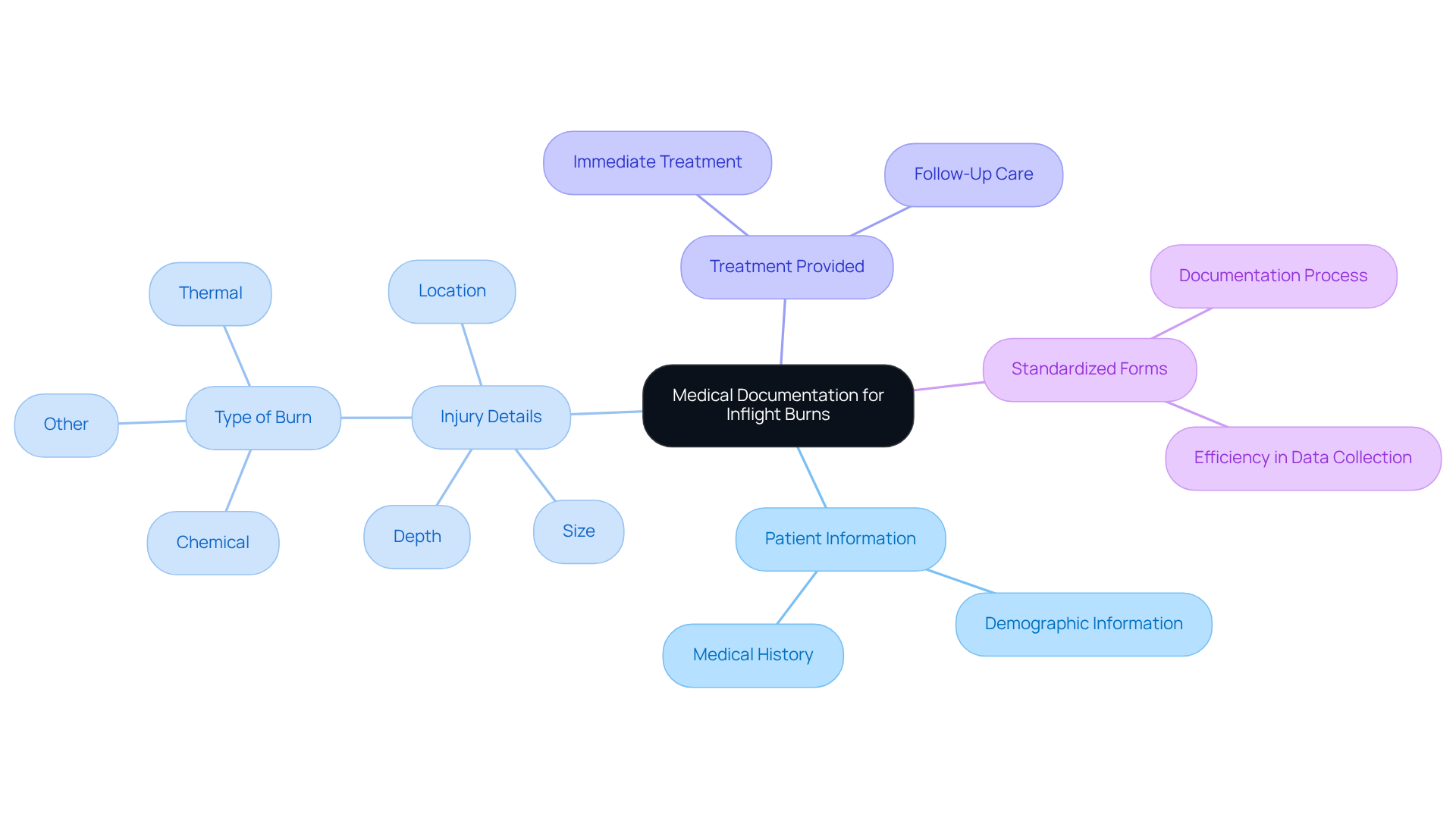 The center represents the main focus on medical documentation, while the branches show the essential components that need to be recorded for effective treatment and care.