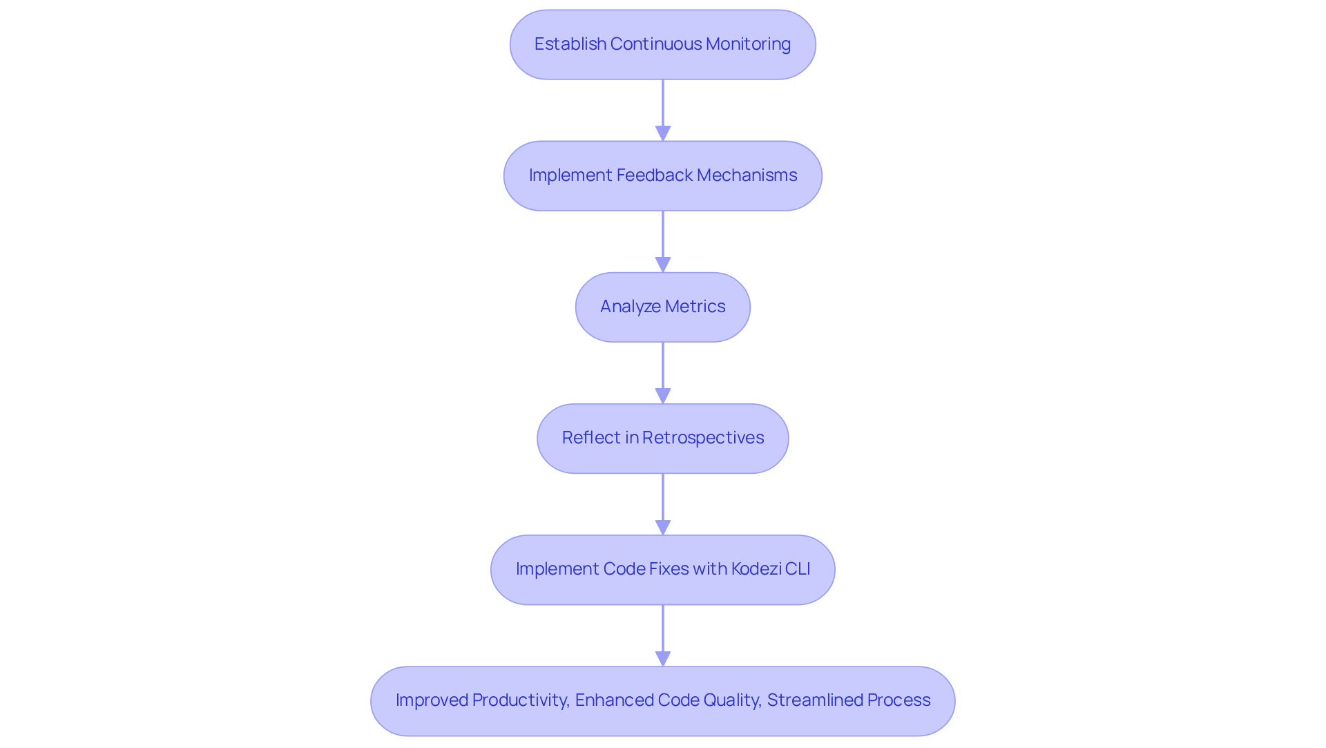 This flowchart outlines the steps in establishing monitoring and feedback in software development. Each box represents a key action, leading to improved productivity and quality.