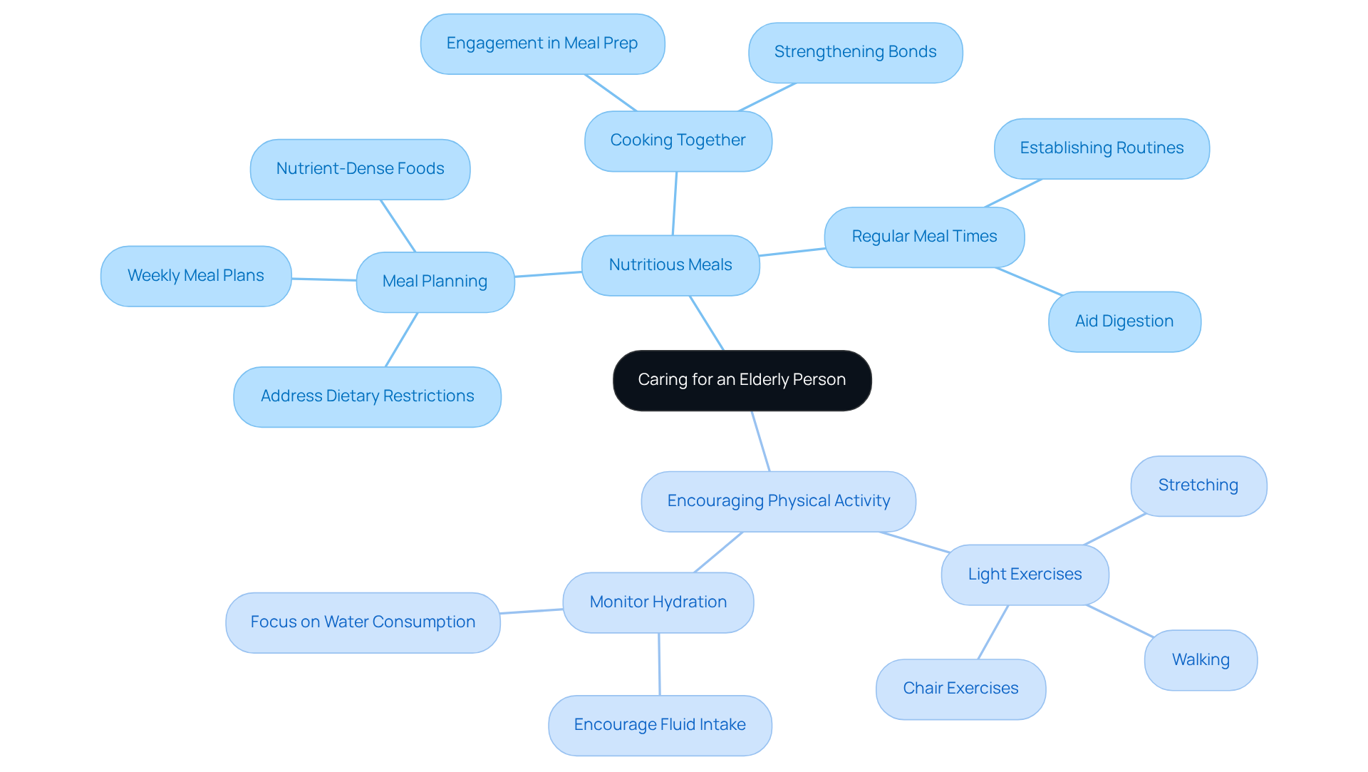 The central node represents the overall theme of caring for an elderly person. Each branch shows a key area of focus, with sub-branches providing specific suggestions to enhance their well-being.