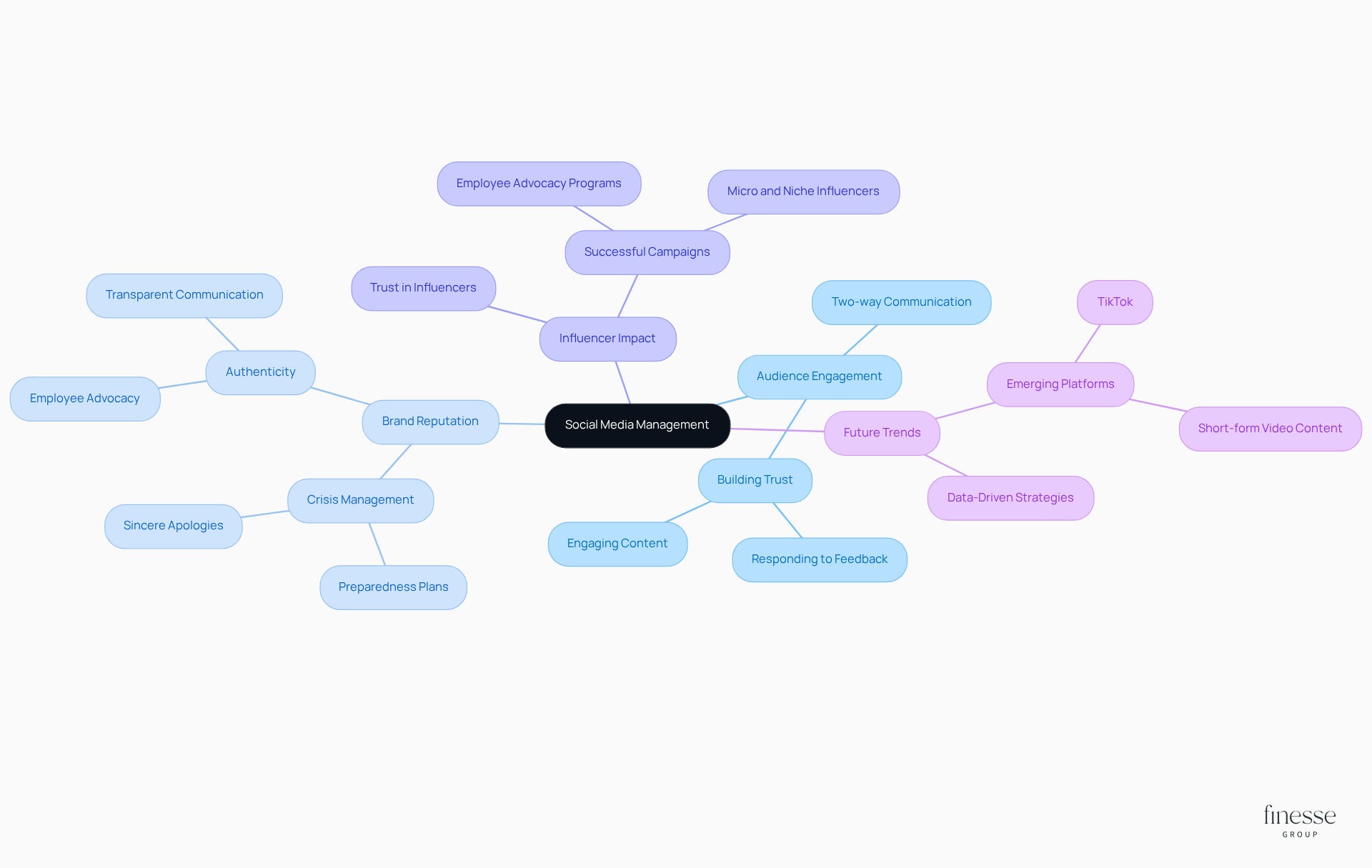 The central node represents the main topic of social media management, while the branches show various strategies and trends that contribute to audience engagement and brand reputation.