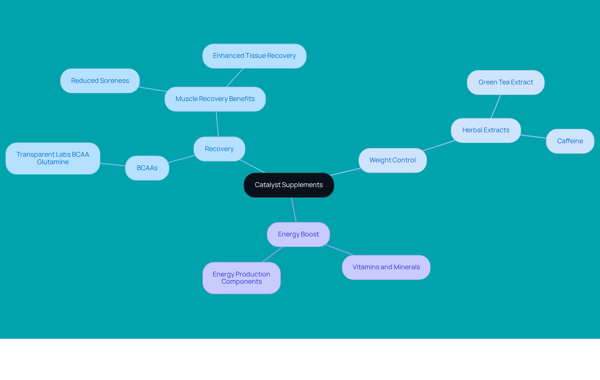 The center represents catalyst supplements, with branches showing their main functions. Each sub-branch details specific components or products that fit into those categories, helping you see how they contribute to your wellness journey.