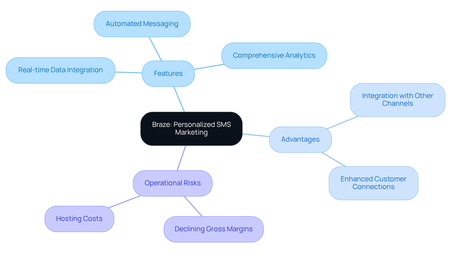The central node represents Braze's role in SMS marketing, with branches showing its features, advantages, and risks. Each branch helps you understand how these elements work together to enhance customer engagement.