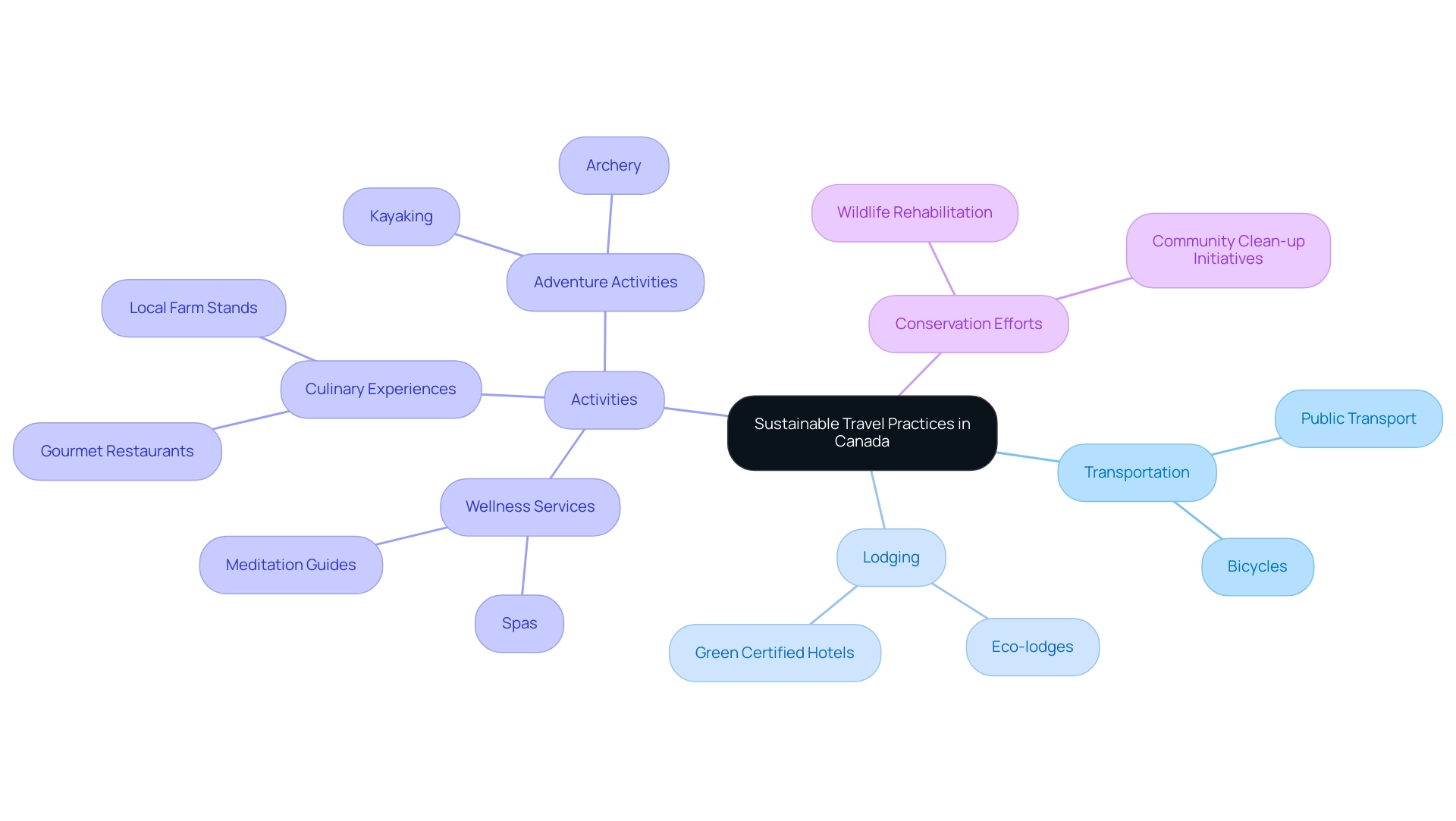 The central node represents the overarching theme of sustainable travel, with branches indicating key categories of practices and their respective subcategories.