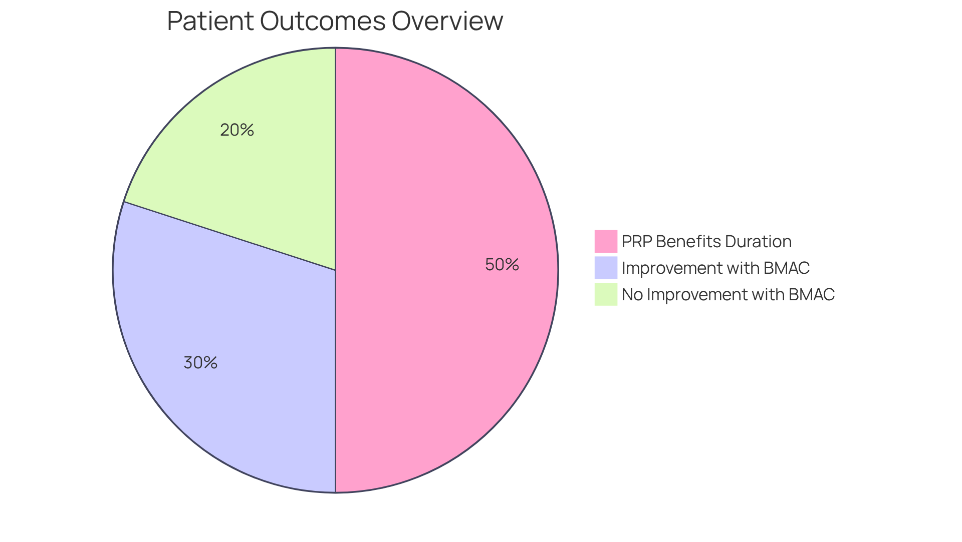 The first pie chart shows how many patients improve with BMAC therapy - the bigger the green slice, the more people found relief. The second pie chart illustrates how long PRP therapy benefits last, with the full circle representing the 12 months of effectiveness. The first pie chart shows how many patients improve with BMAC therapy - the bigger the green slice, the more people found relief. The second pie chart illustrates how long PRP therapy benefits last, with the full circle representing the 12 months of effectiveness.