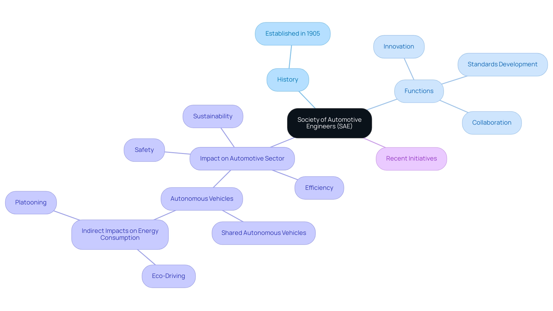 Each branch represents a key theme related to SAE, with colors indicating different categories such as history, functions, impact, and initiatives.