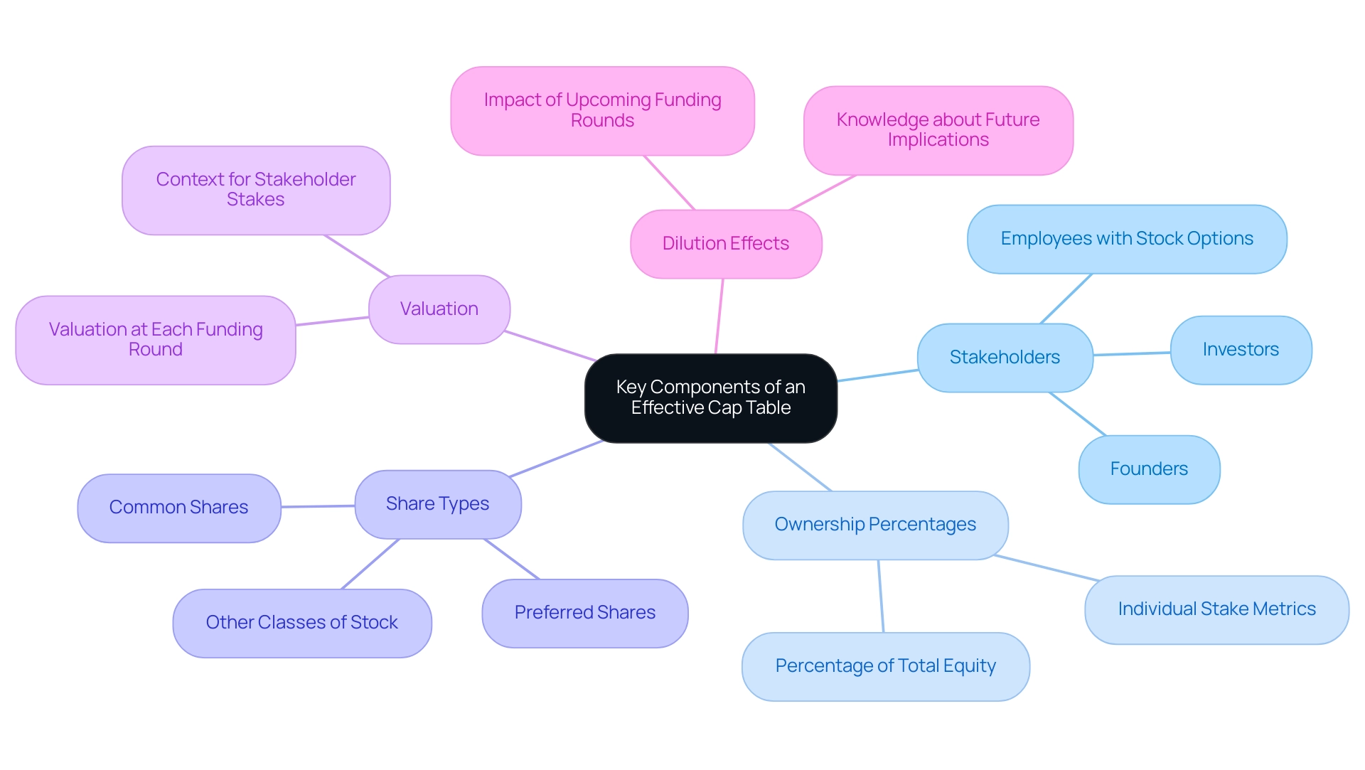 Each branch represents a critical component of a cap table, with sub-branches providing further details and examples.