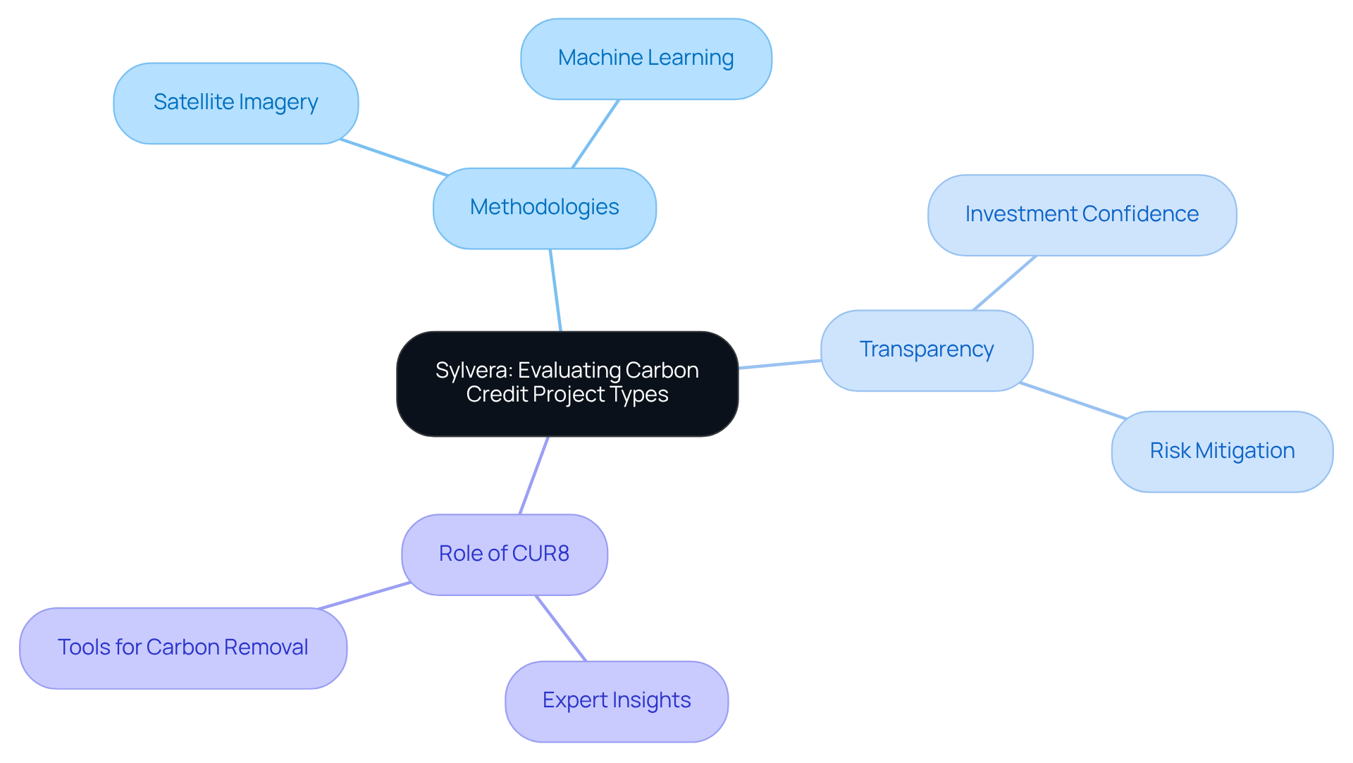 The central node represents Sylvera's evaluation focus, with branches showing key aspects like methodologies and transparency. Each sub-branch provides more detail, helping you see how everything connects.