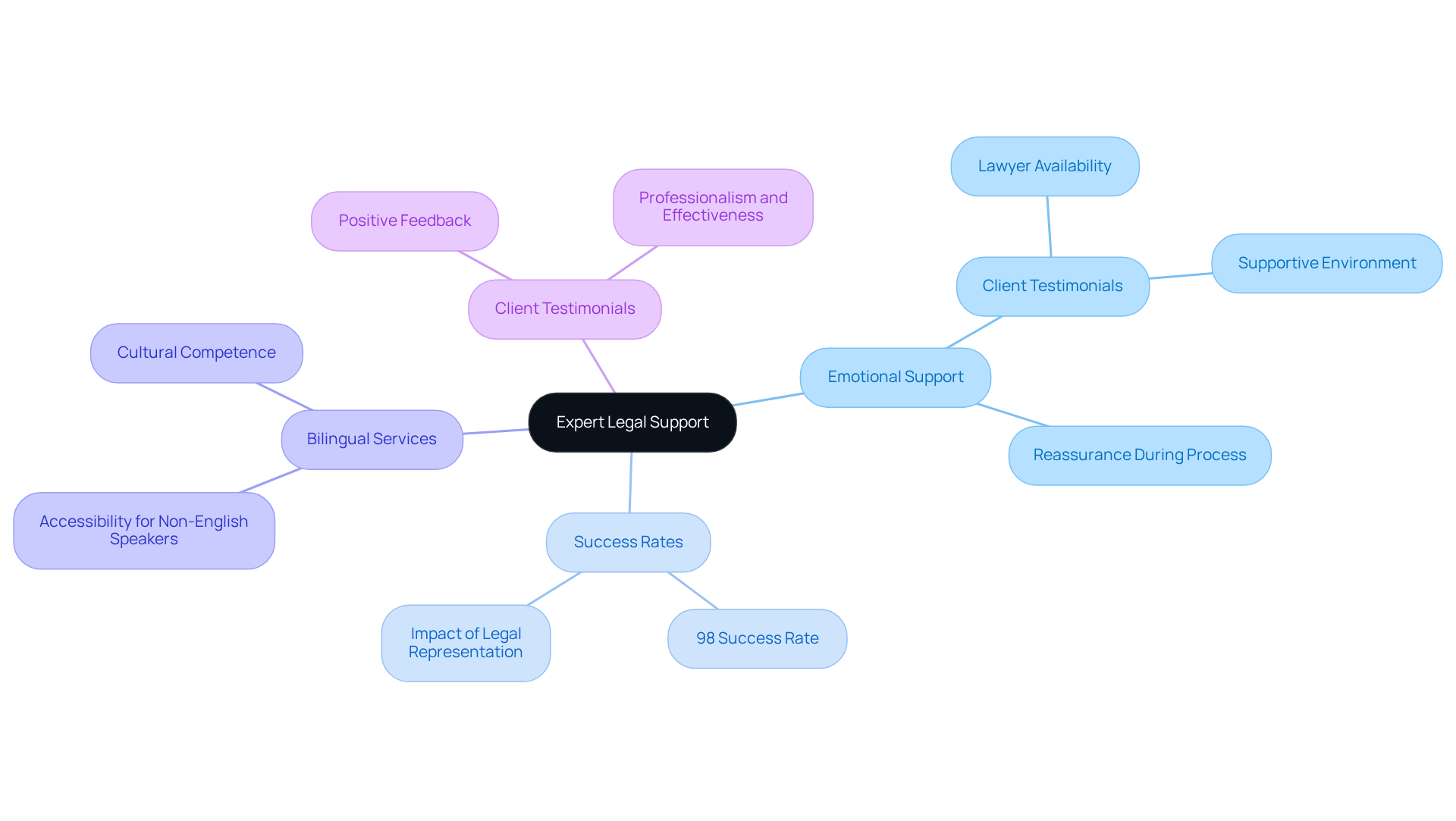 The center represents the main theme of expert legal support, while the branches show different aspects of how this support manifests, including emotional reassurance and success statistics.