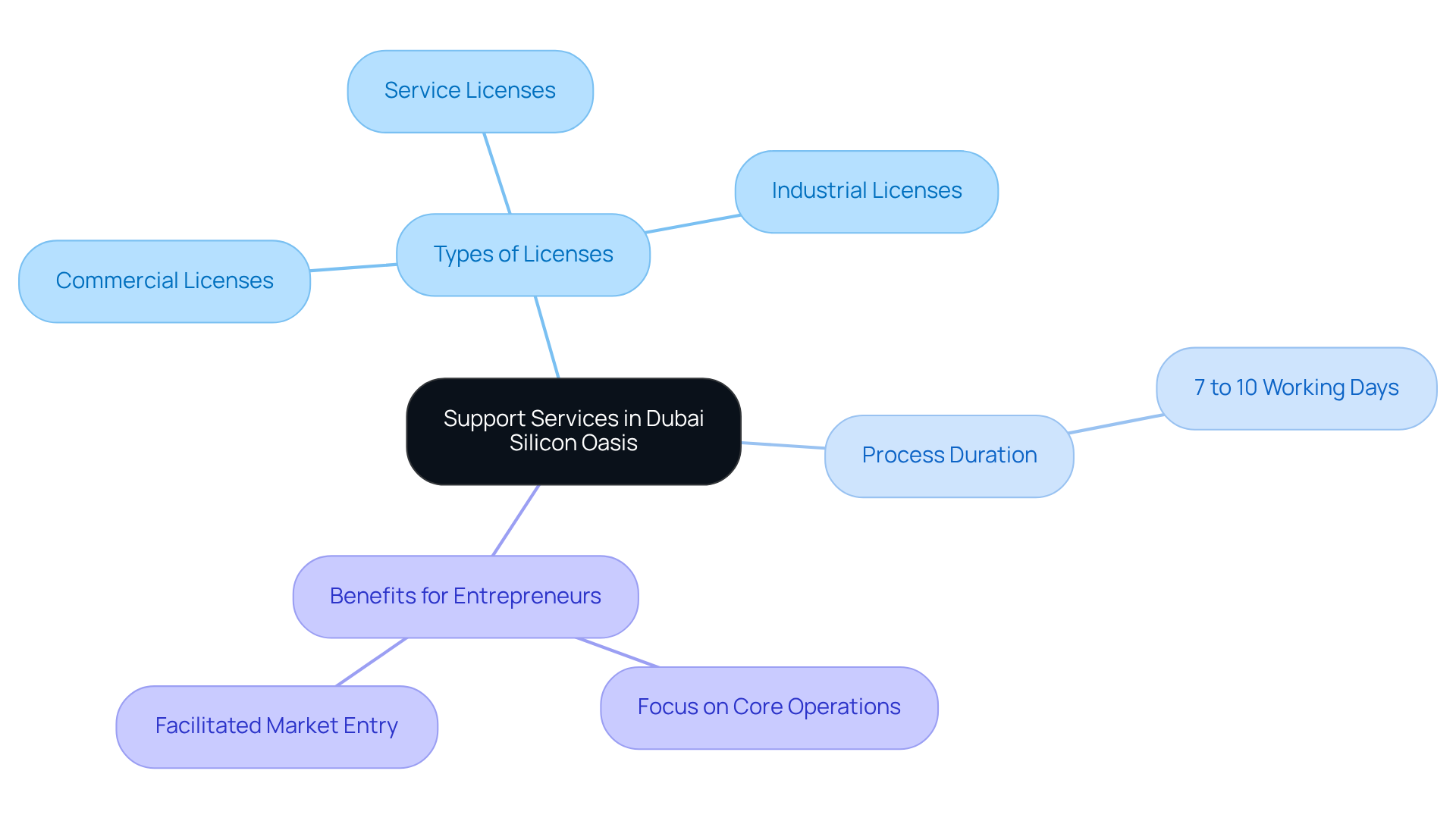 The central node represents the main theme of support services, while the branches show different aspects like types of licenses and benefits. Each color-coded branch helps you easily identify related information.