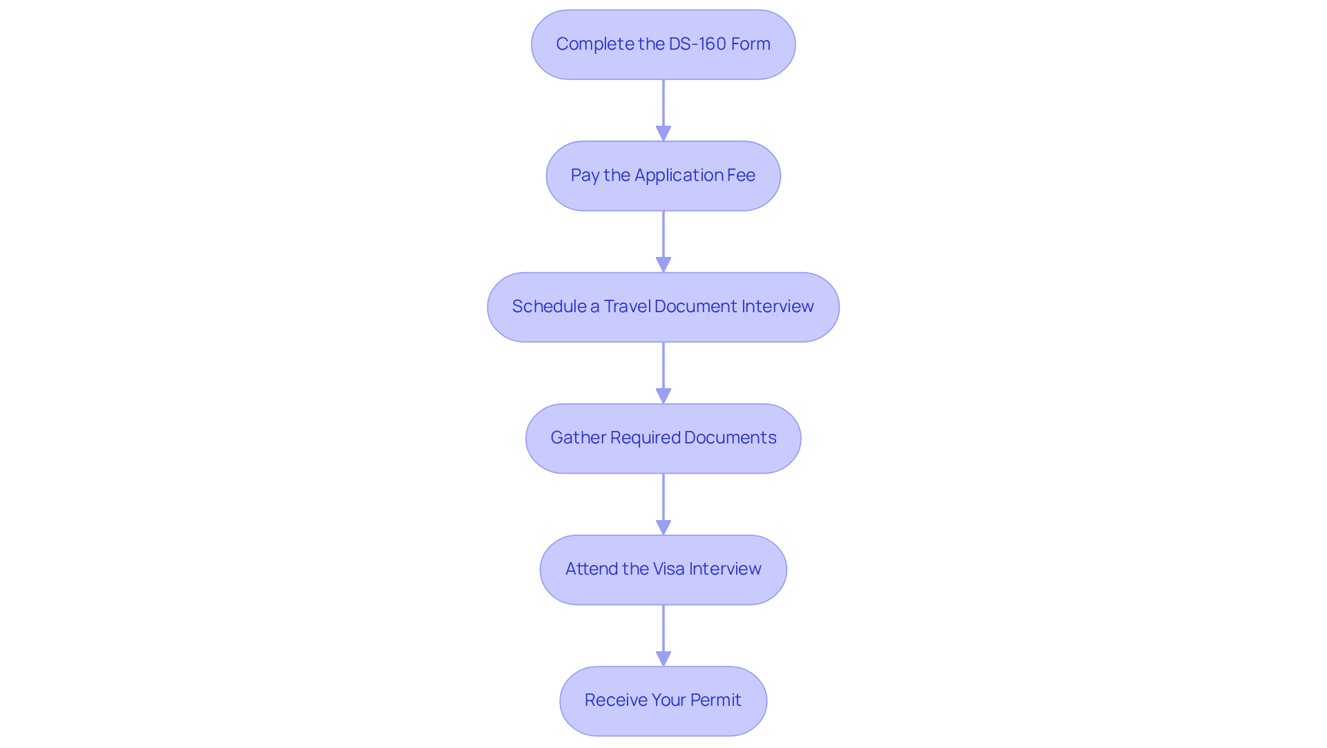 Each box represents a step you need to take to apply for a business visa. Follow the arrows to navigate from one step to the next, ensuring you complete each task in order.