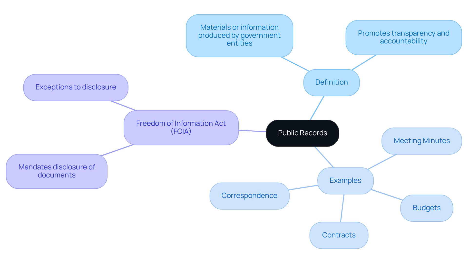 The center shows the main idea of public records, while the branches illustrate definitions and examples. Each color-coded branch helps you easily identify different aspects of public records.