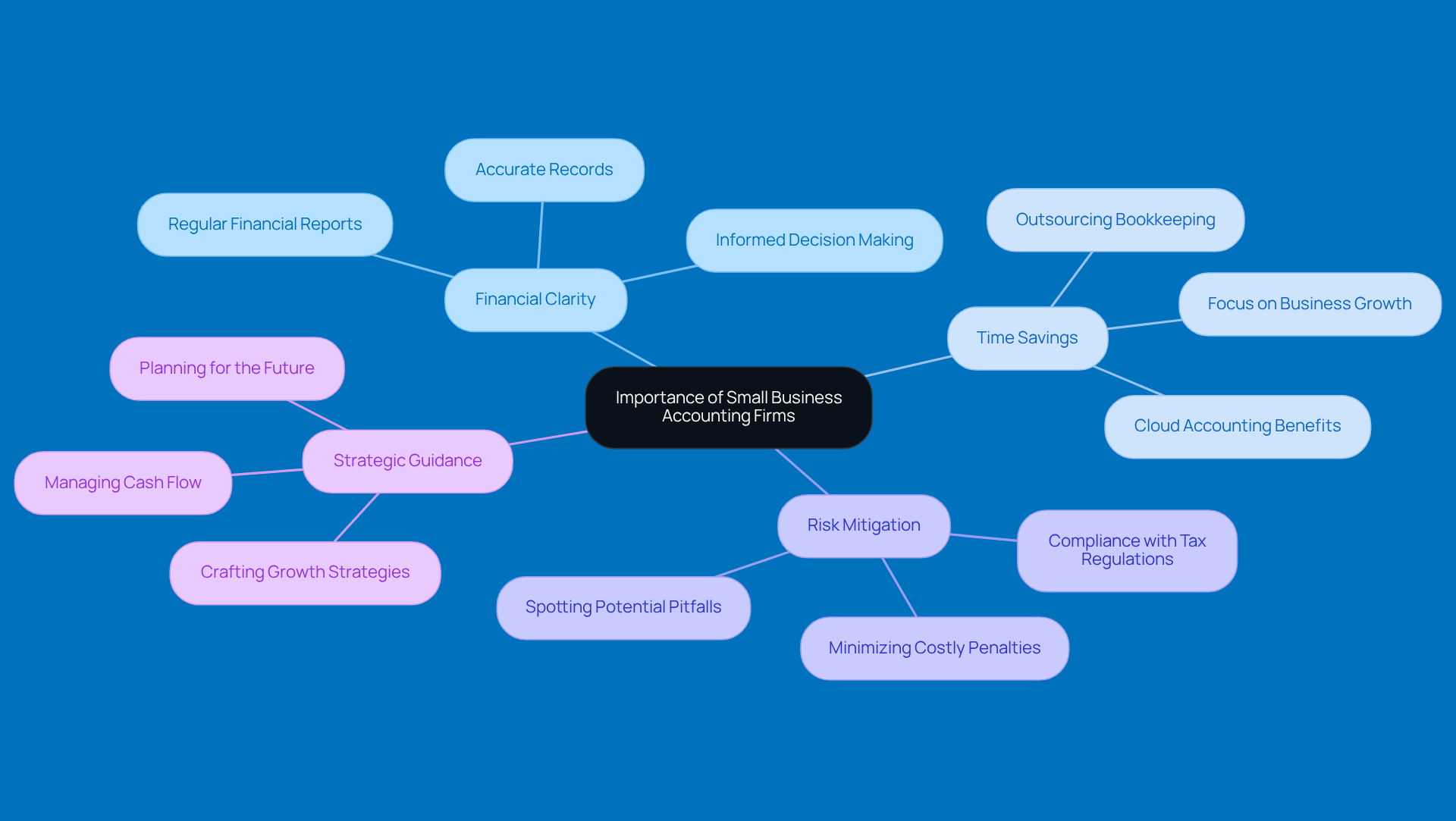 The central node represents the main theme, while the branches show different benefits. Each sub-point explains how accounting firms help entrepreneurs succeed. Follow the branches to see how each benefit connects back to the main idea.