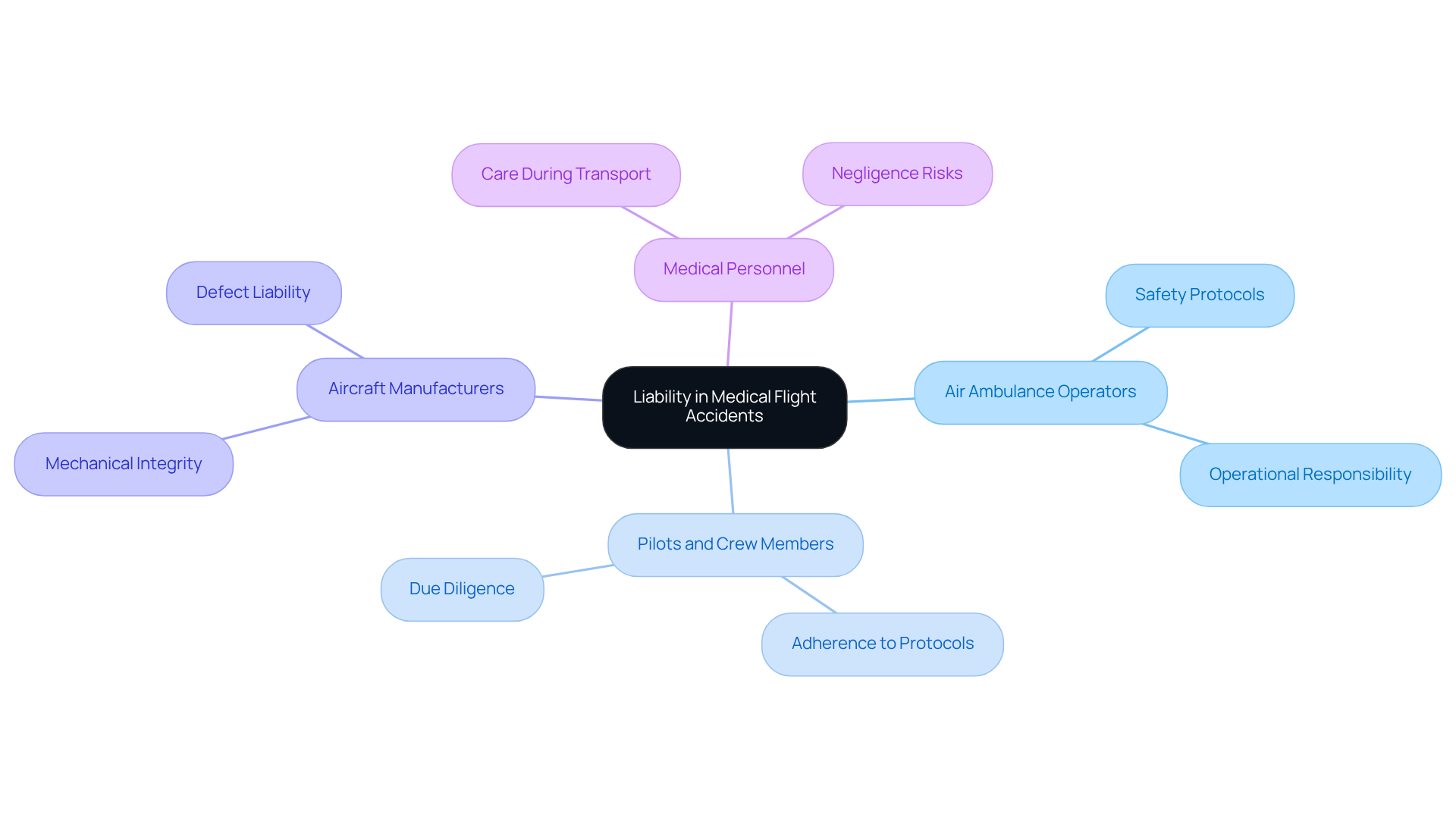 The central node represents the overall theme of liability, while each branch shows a different party involved. Sub-nodes provide more detail about their roles and responsibilities, helping to clarify the complex nature of accountability in these incidents.