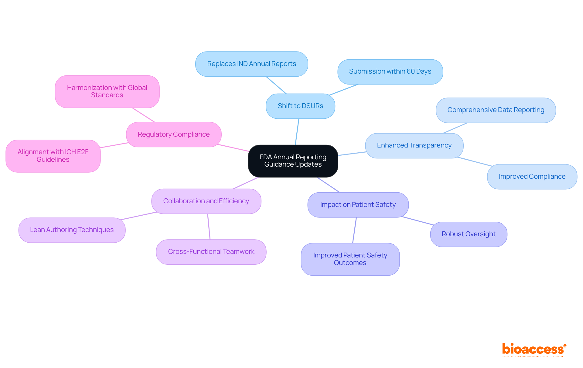 The center shows the main update — the transition to DSURs. The branches illustrate significant aspects like transparency and patient safety, helping you see how each part connects to the overall change.