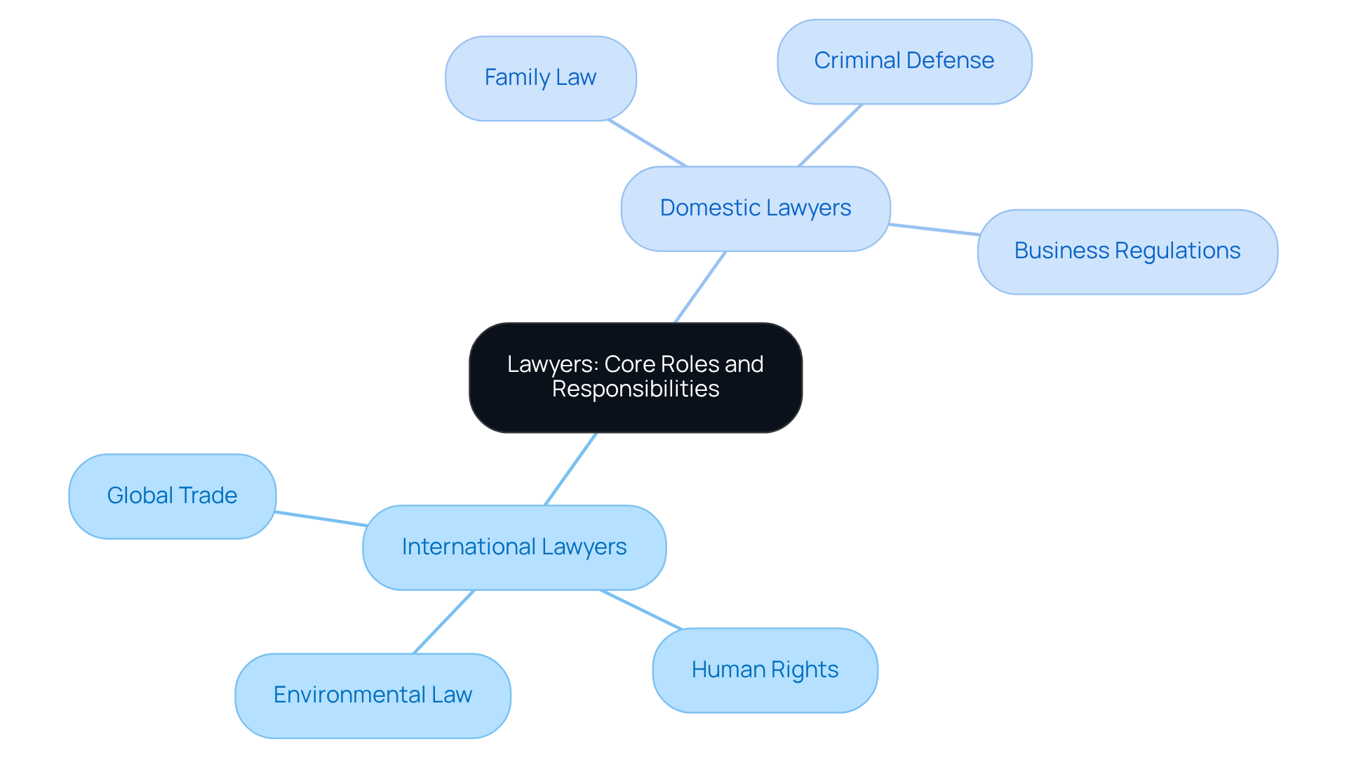 The center shows the main topic, and the branches illustrate the different types of lawyers and their specific areas of focus. Follow the branches to understand the unique responsibilities of each category.