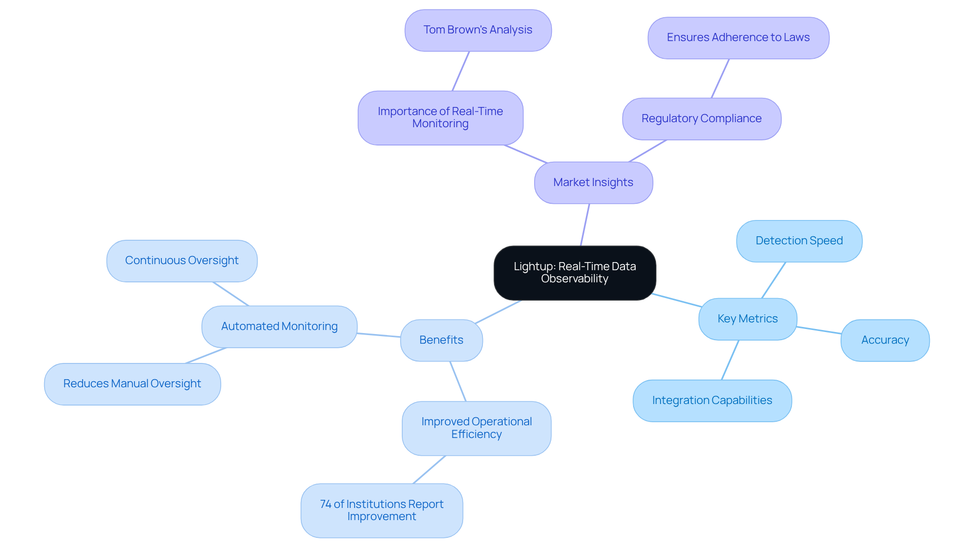 Start at the center with Lightup's main focus, then explore the branches to see the key metrics that matter, the benefits for financial institutions, and insights from market analysts.