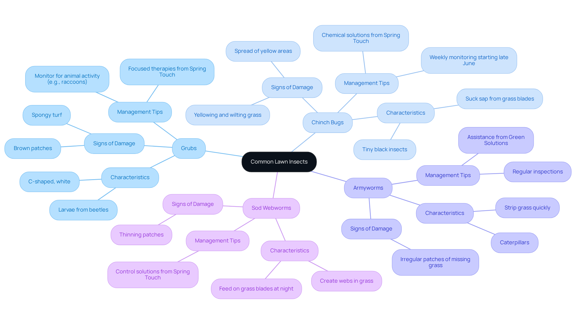 The center shows the main topic of lawn insects, and each branch represents a specific insect with details about its impact and how to manage it. Follow the branches to learn about each pest and how to protect your lawn.