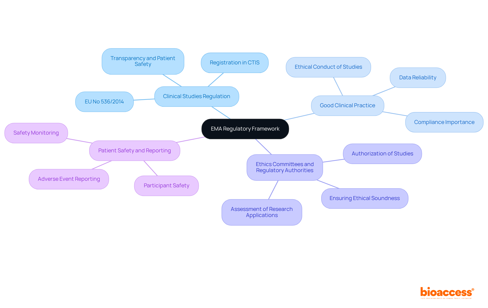 In this mindmap, the central idea is the EMA Regulatory Framework. Each branch represents a critical component that researchers need to understand, with further details provided in sub-nodes. This helps visualize how each aspect contributes to effective research practices within the EU.
