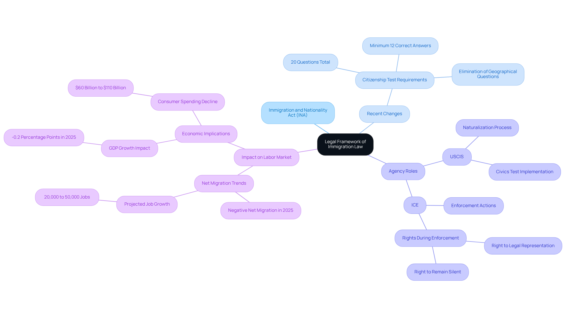 The central node represents the overall legal framework, while the branches show key themes and their subtopics. This helps you see how different aspects of immigration law connect and influence each other.