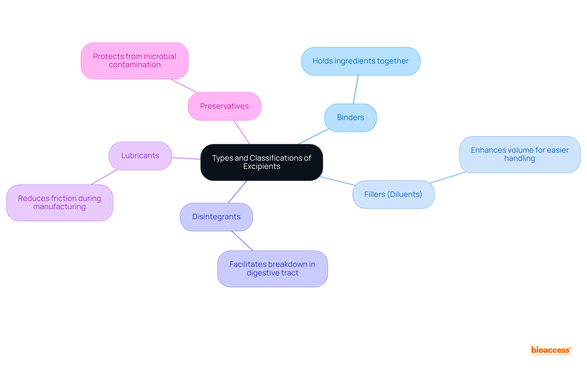 Start at the center with the main topic of excipients. Each branch represents a type of excipient and explains its purpose in simple terms. This visual helps you see how different excipients contribute to the formulation of medications.