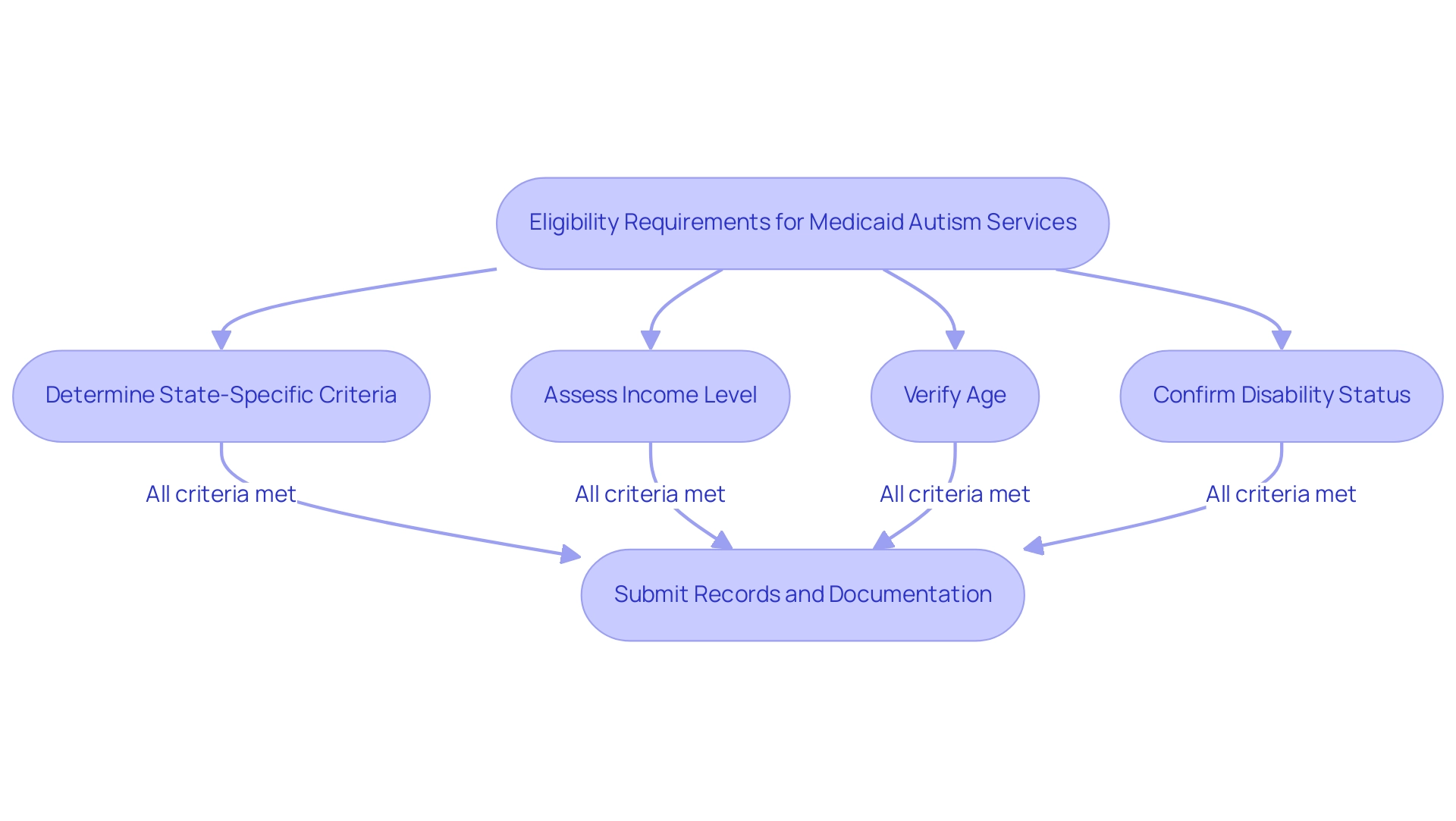 Each box represents a step in the eligibility process, with colors indicating the type of criteria (income, age, disability). Arrows indicate the flow of the application process.