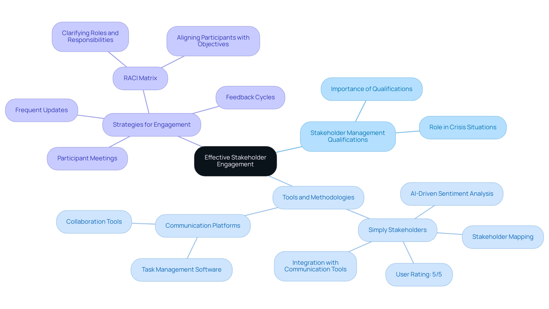 Each branch represents a category of tools or strategies related to stakeholder engagement, with sub-branches detailing specific tools and their functionalities.