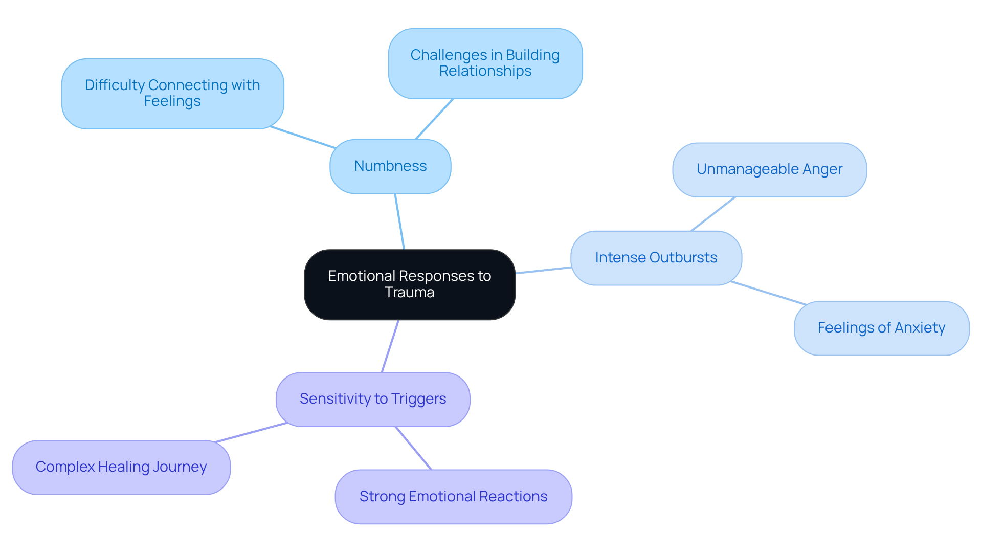The central node represents the main theme of emotional responses to trauma. Each branch shows a different characteristic, and the sub-branches provide more detail about individual experiences. This helps illustrate the complexity and variety of emotional reactions.