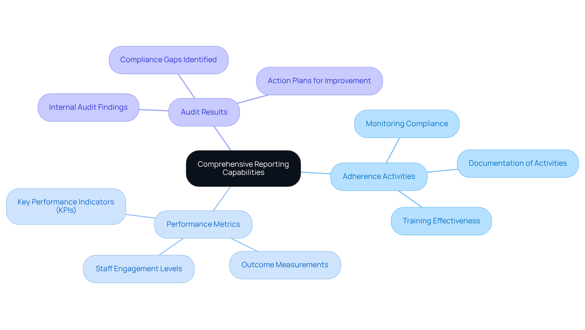 The central node represents the overall reporting capabilities, while the branches show specific areas of focus. Each area contributes to informed decision-making and compliance, helping organizations maintain accountability and transparency. The central node represents the overall reporting capabilities, while the branches show specific areas of focus. Each area contributes to informed decision-making and compliance, helping organizations maintain accountability and transparency.