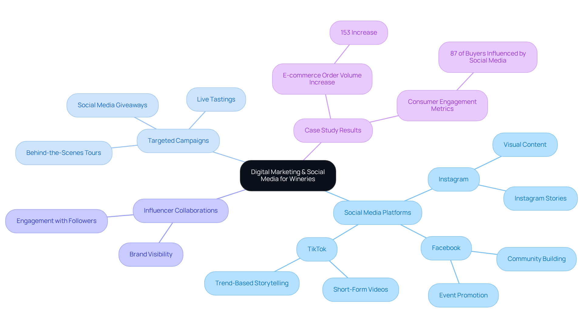 The central node shows the main theme, while branches illustrate different strategies wineries can use, and sub-branches provide specific tactics or examples for each strategy.