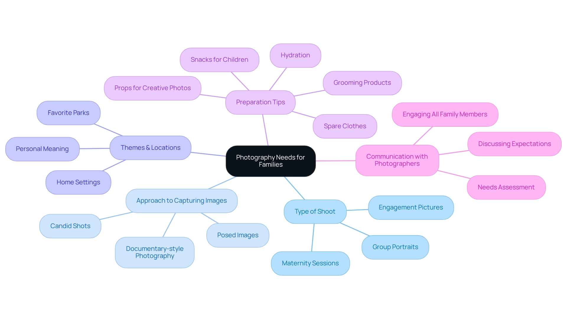 The central node represents the overall topic, with branches showing the main categories and their respective subcategories related to photography needs.