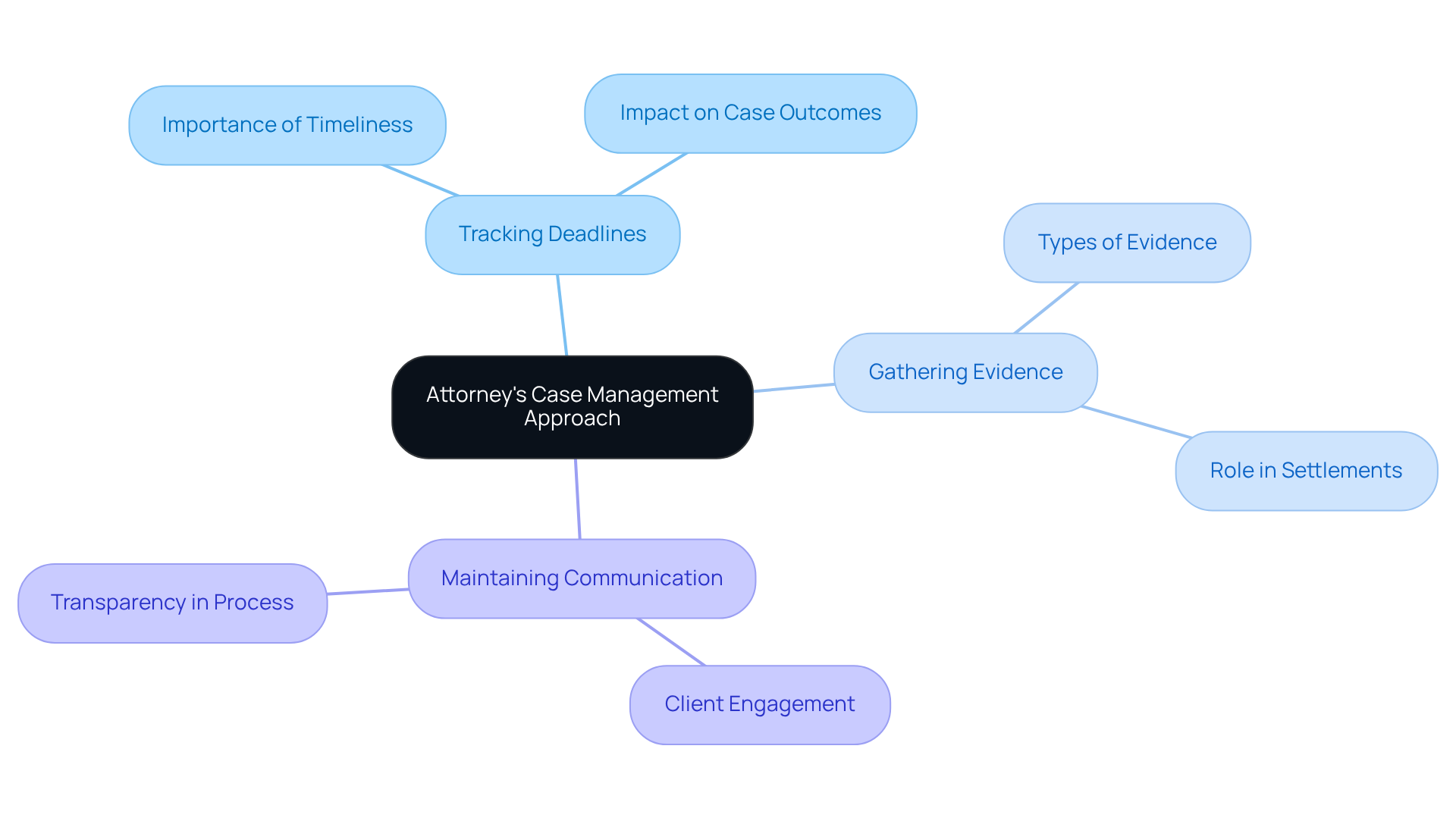 The central node represents the overall management approach, while the branches show specific areas of focus. Each sub-branch highlights how these areas contribute to a smoother legal process and better outcomes.