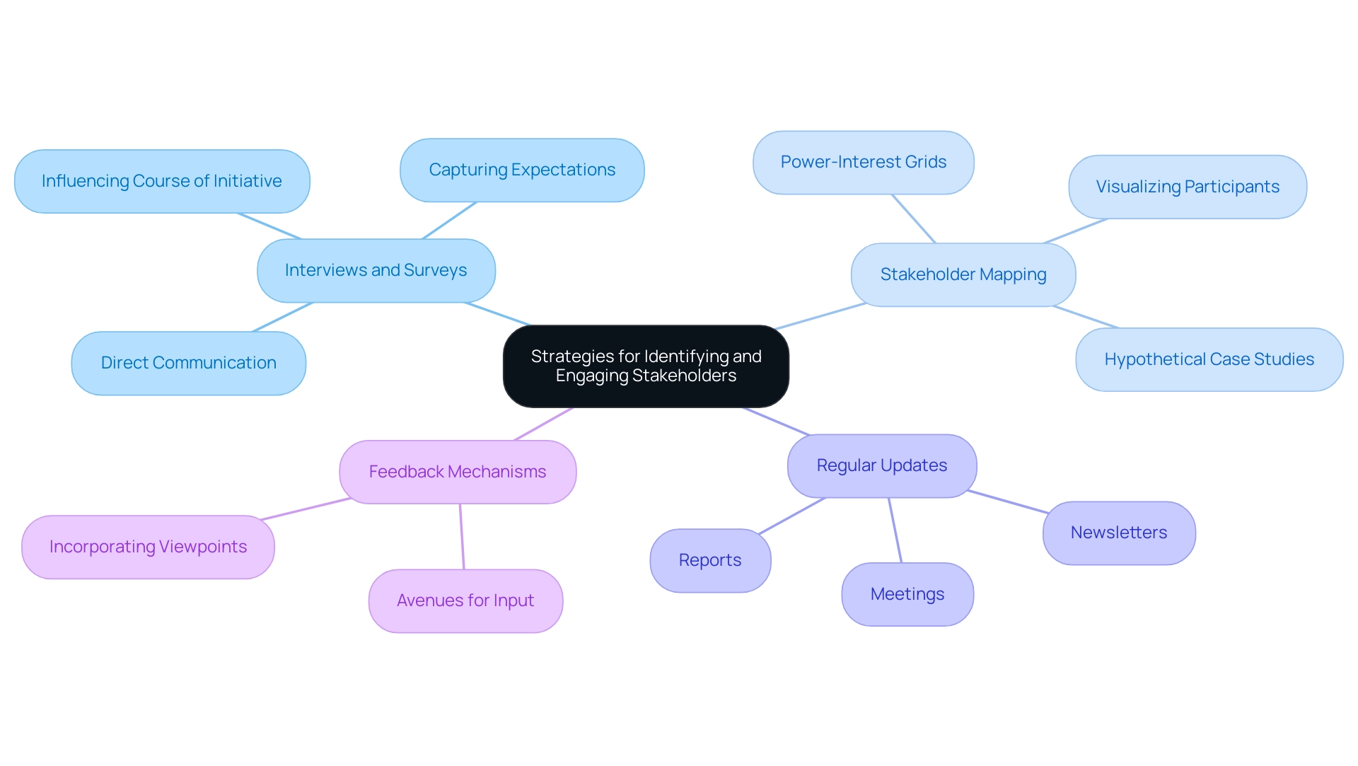 The central node represents the overall concept of stakeholder engagement, with branches for each key strategy and sub-branches providing further details.