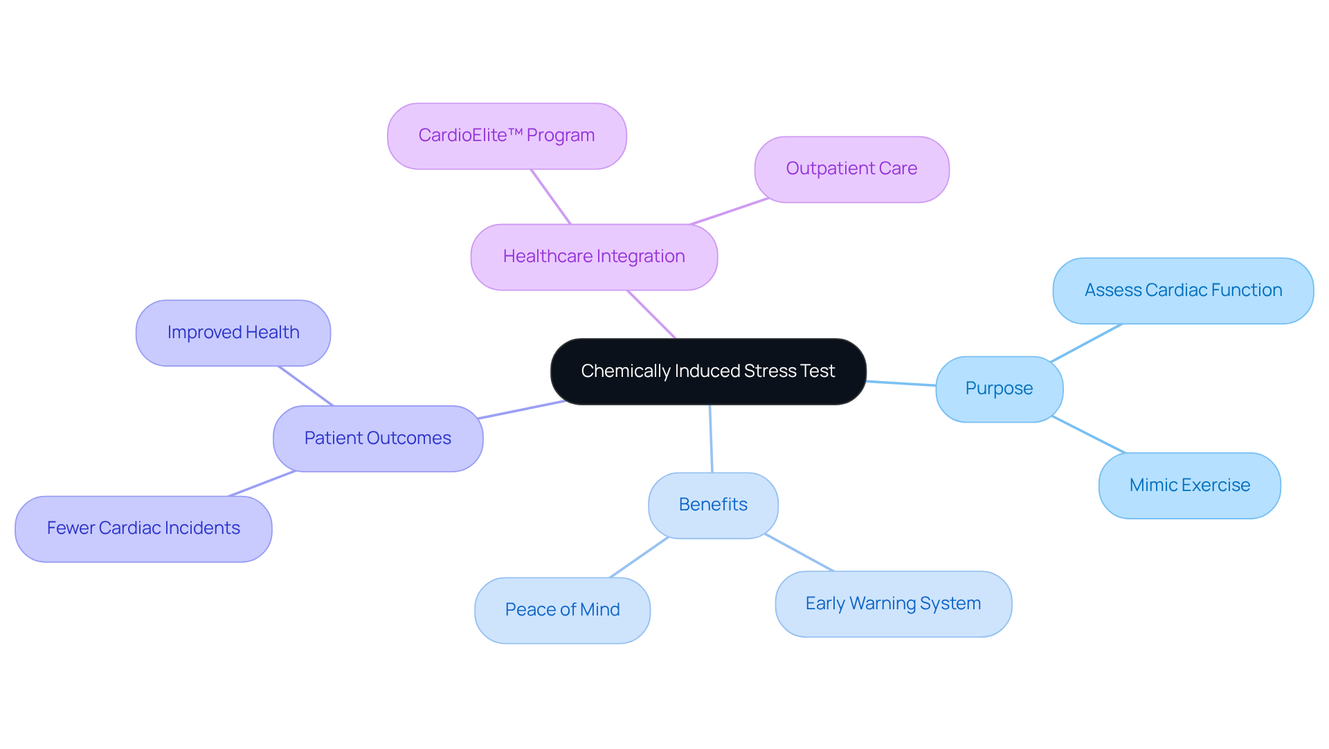 The central node represents the main topic, while the branches show related aspects. Each color-coded branch helps you see how different elements connect to the overall purpose of the stress test, making it easier to grasp the importance of these evaluations for heart health.