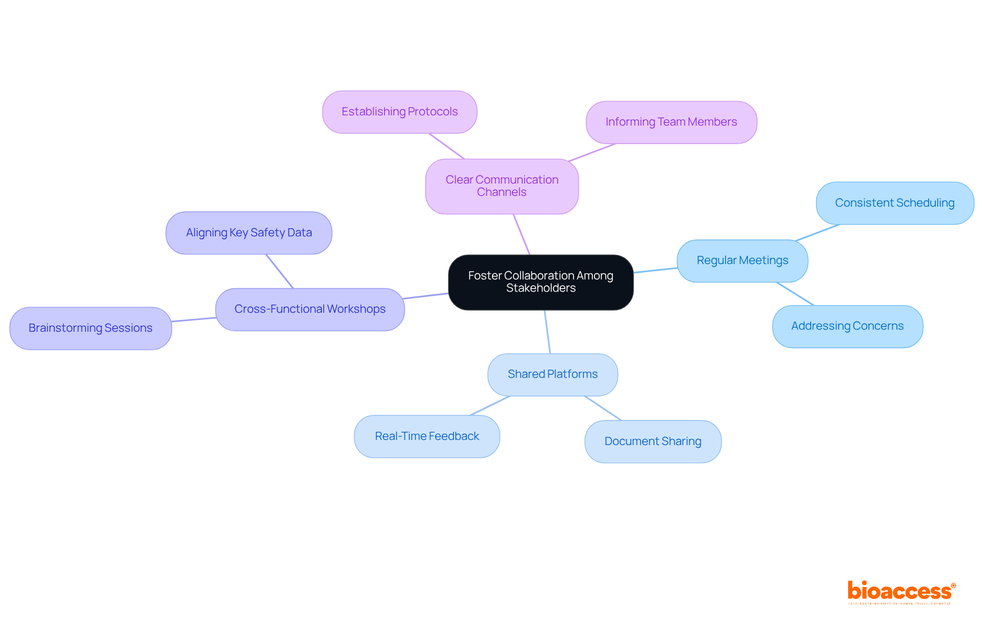 The center represents the main goal of fostering collaboration, while the branches show different practices that can help achieve this goal. Each practice is a step towards improving teamwork and communication.
