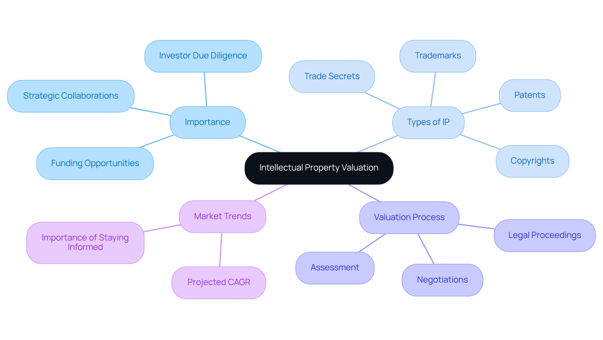 This mindmap starts with the main concept of IP valuation at the center. Each branch represents a key area related to IP valuation, showing how they connect and contribute to the overall understanding of its importance in business strategy.